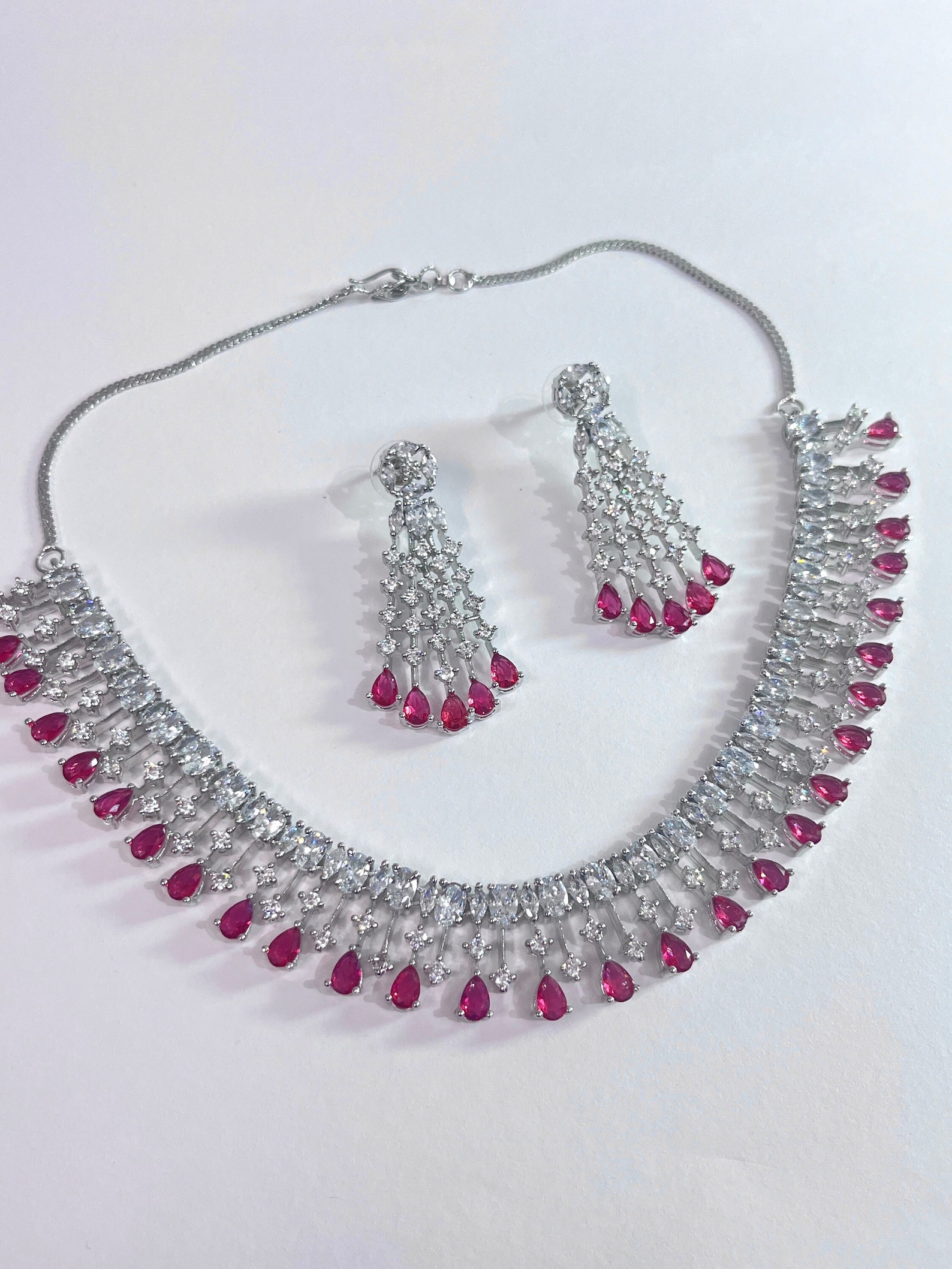 Pink Ruby CZ Necklace & Earrings Set, Imitation Diamond Jewelry for ...