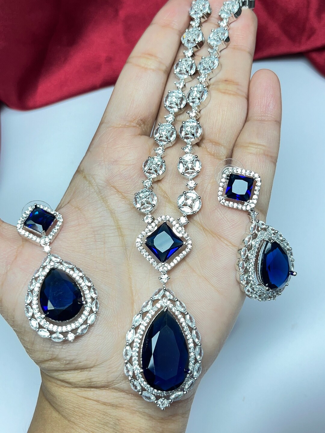 Faux Sapphire Blue Color Necklace Set| Zirconia Earrings| Diamond ...