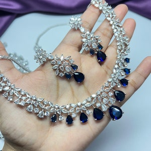 CZ Blue Diamond Necklace Earring Artificial Jewelry Set, Bridal Choker ...