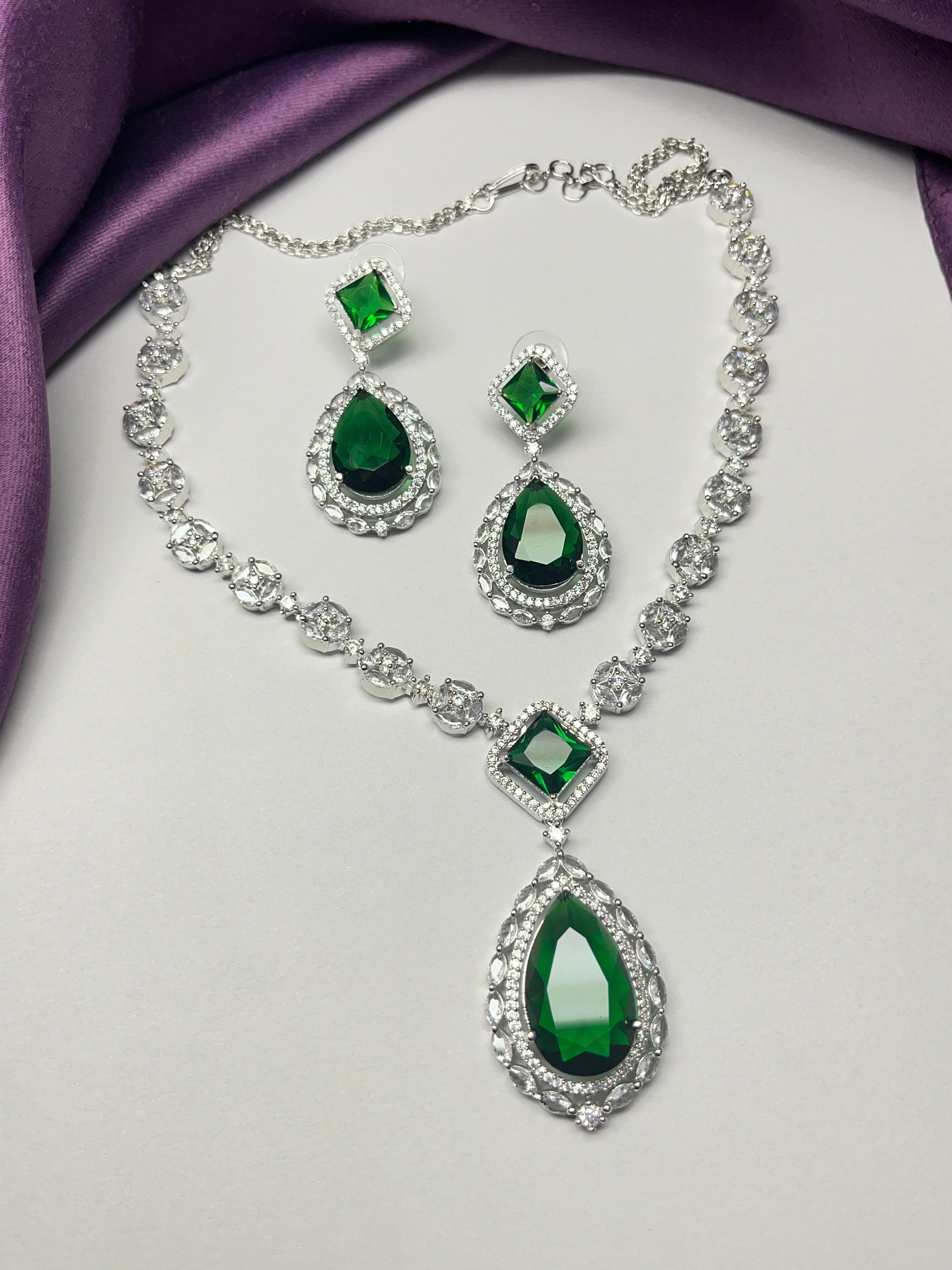 CZ Green Color Necklace Set Zirconia Earrings Diamond Replica Vintage ...