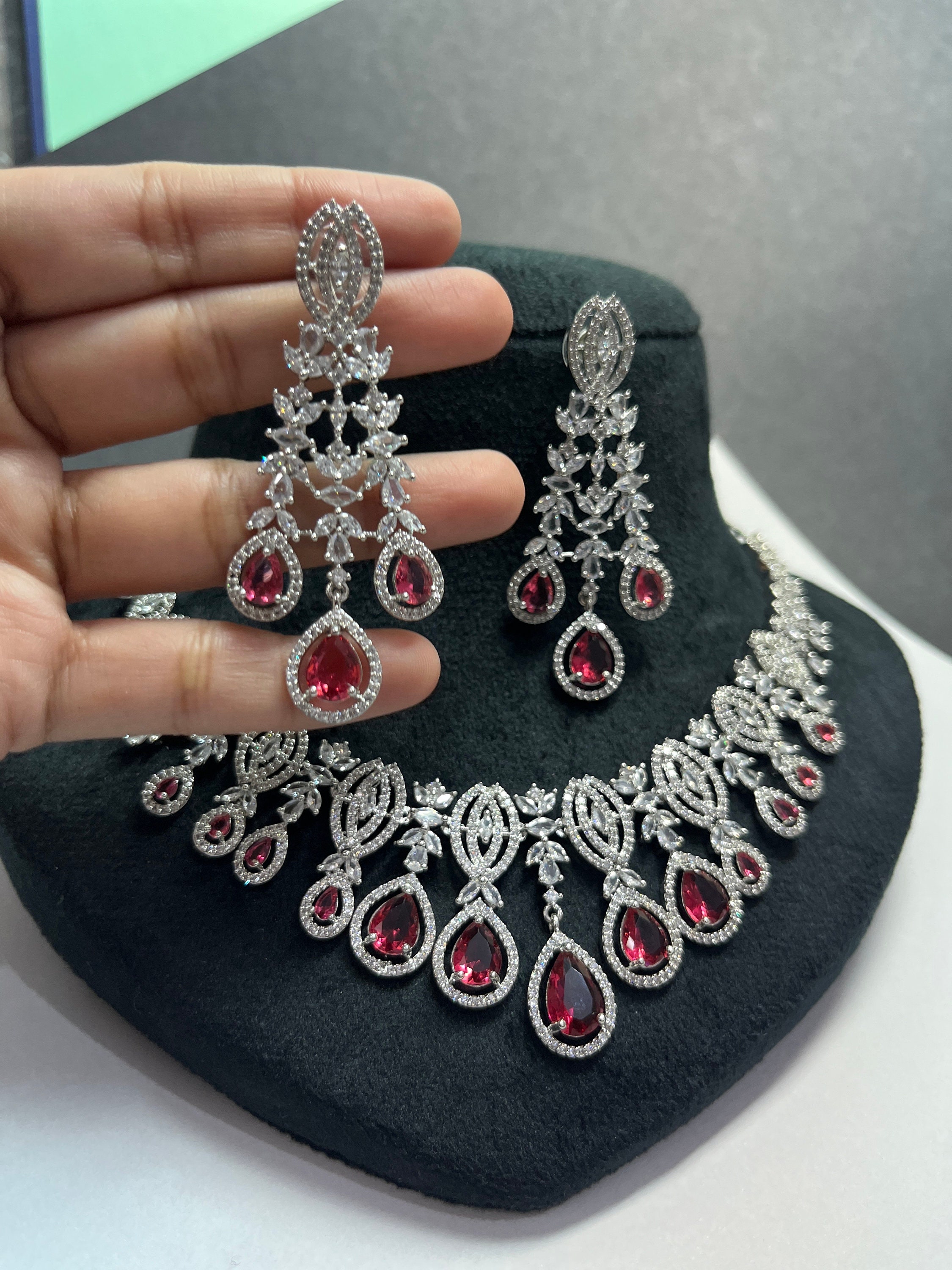 Ruby Red Color Faux Diamond Bridal Jewelry Set American Diamond ...