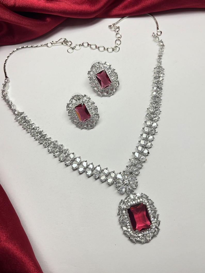 Ruby Red CZ Necklace and Stud Earrings Set, Silver Plated Imitation ...
