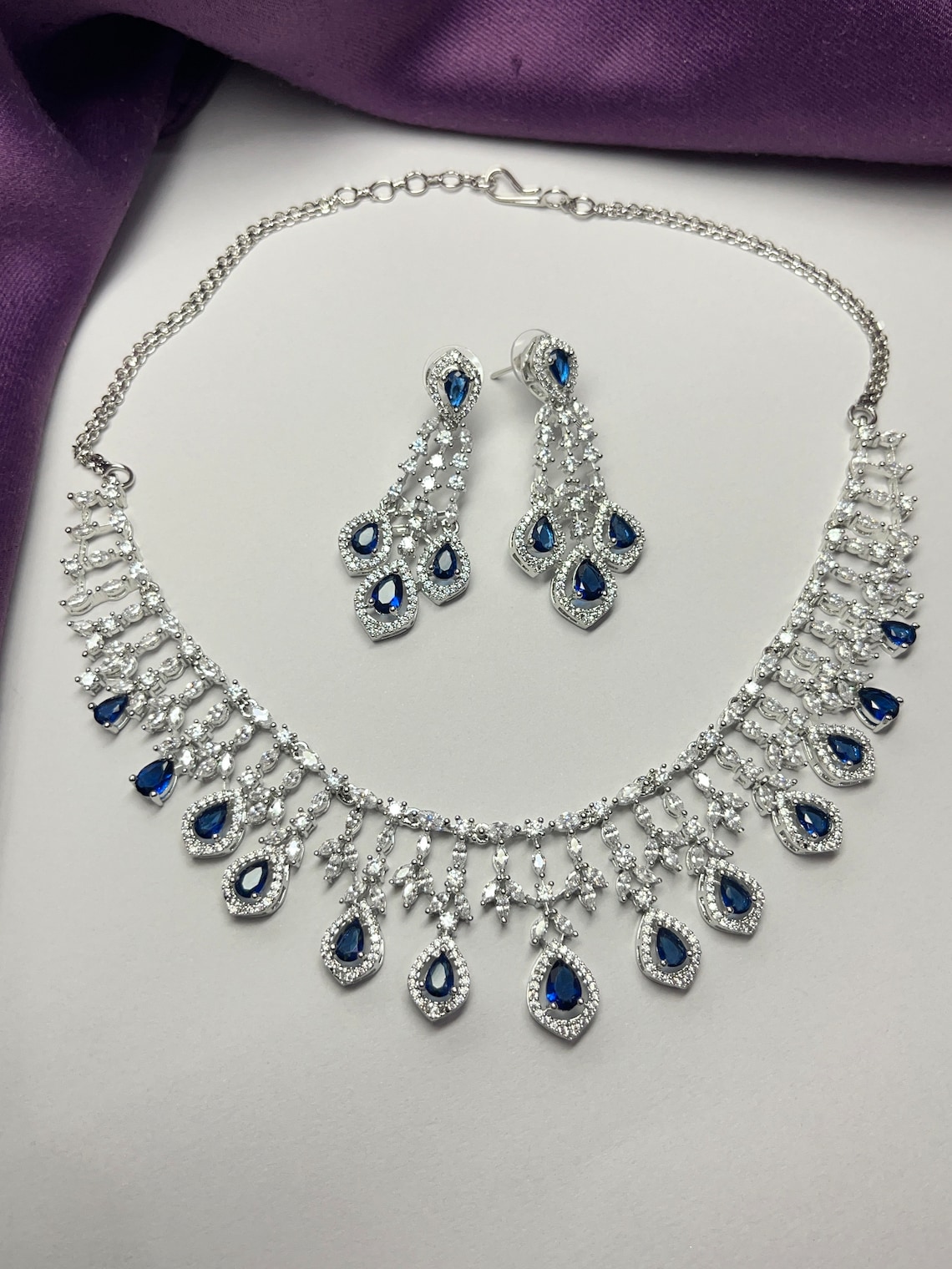 American Diamond Faux Sapphire Blue Necklace Set, Indian Bridal ...