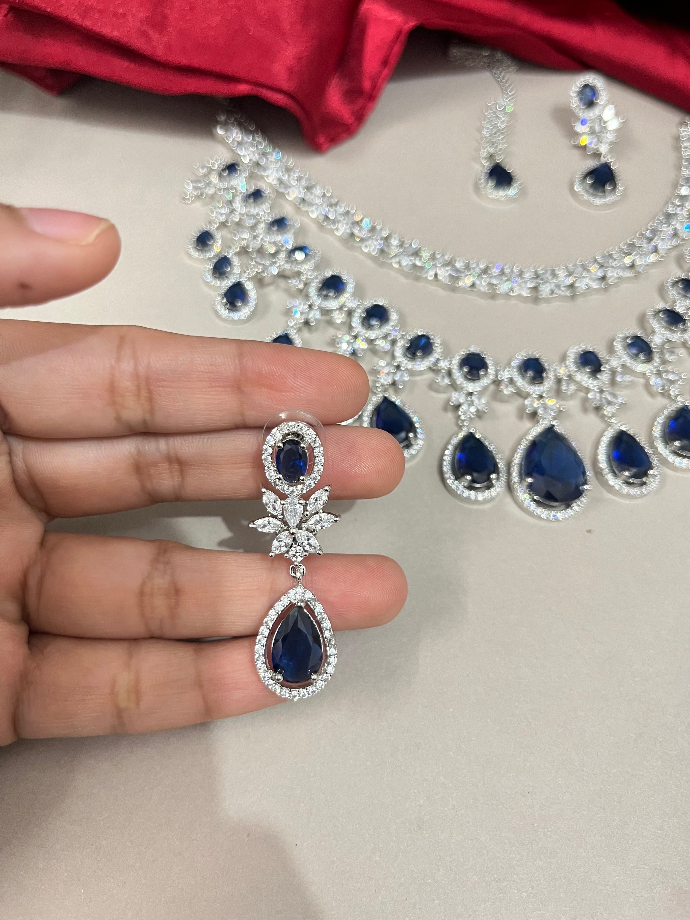 Beautiful Faux Sapphire Blue Diamond Wedding Necklace Set American ...
