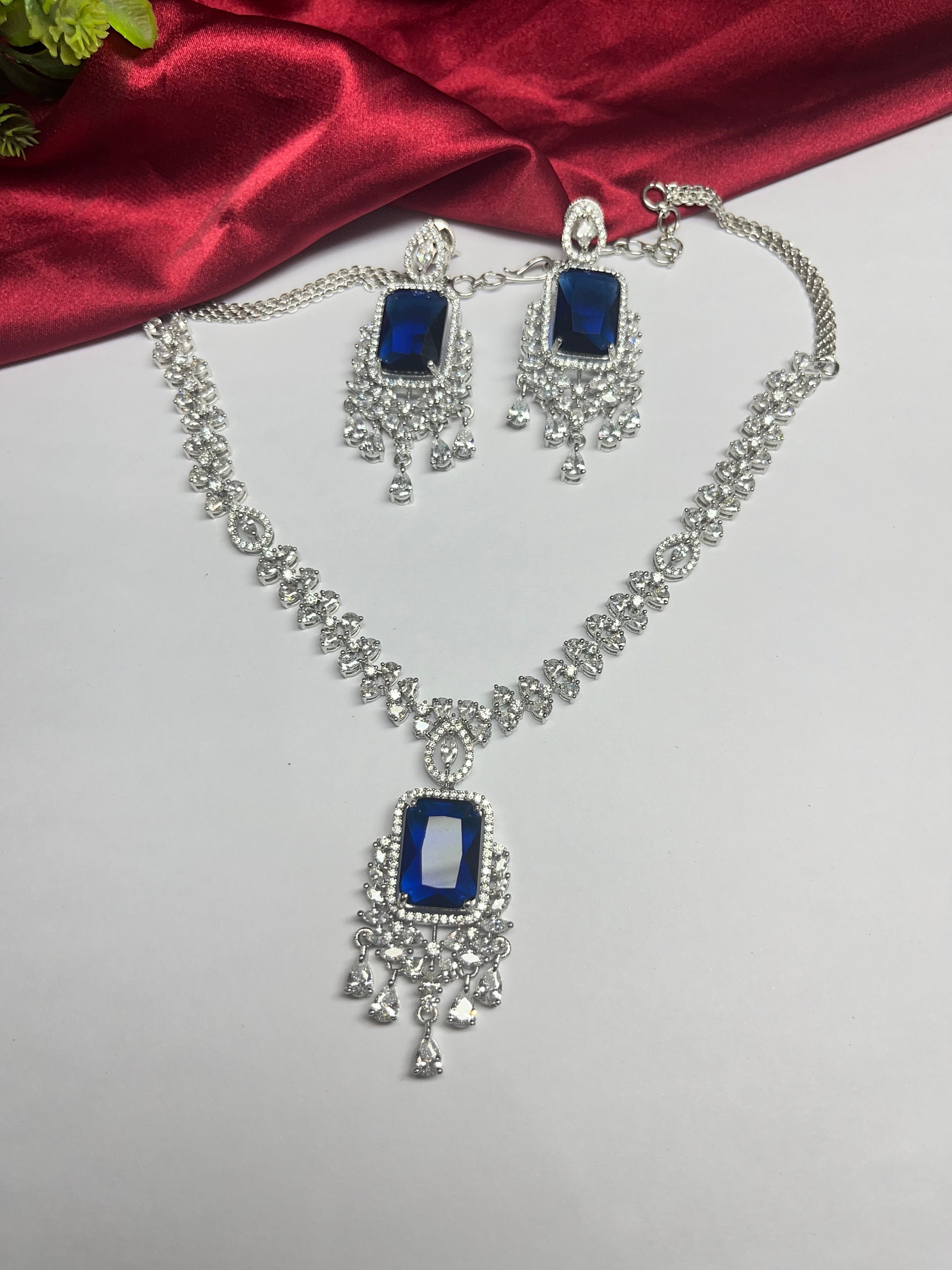 CZ Faux Blue Sapphire Color Necklace Set| Zirconia Necklace and ...