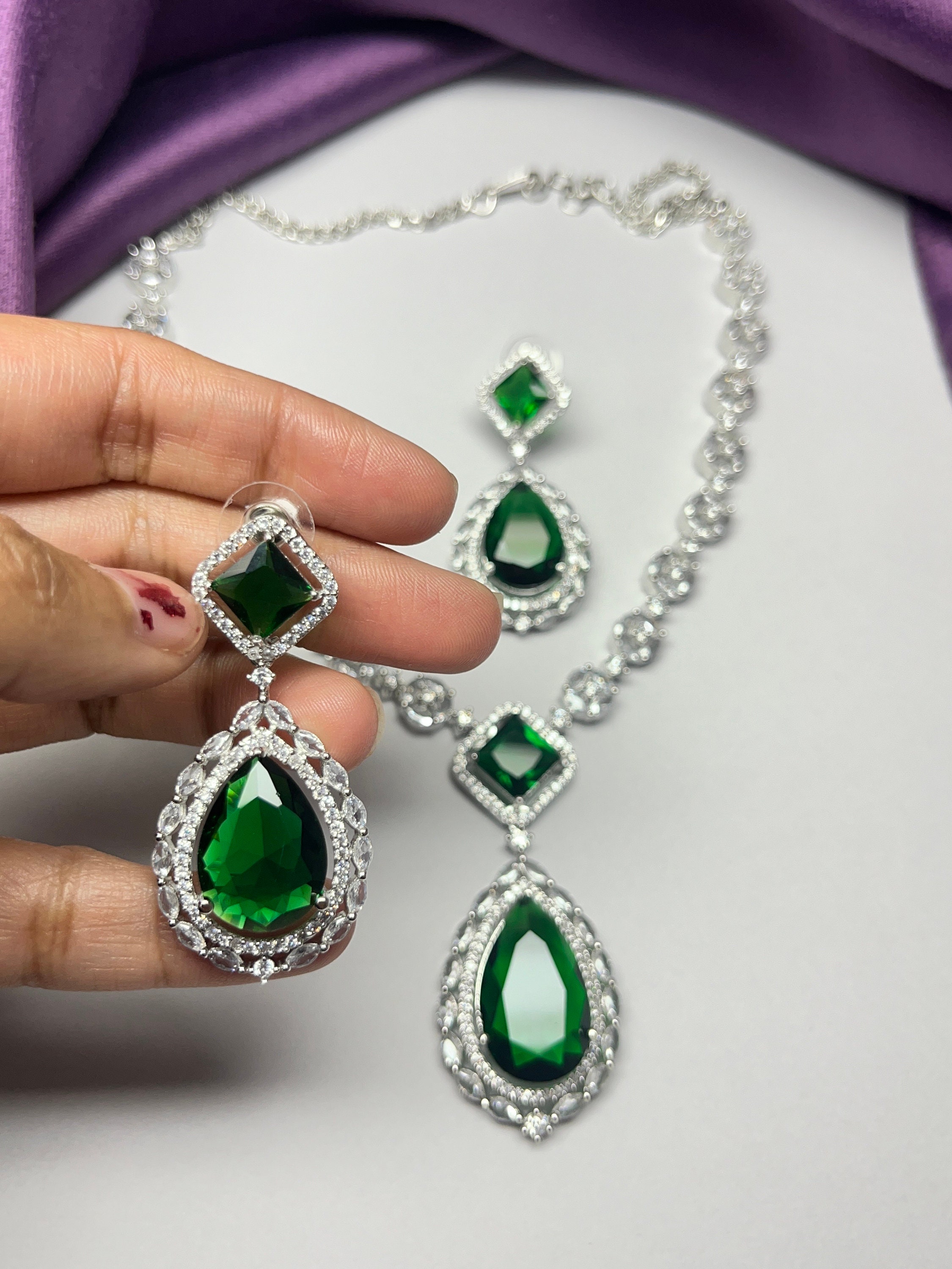 Green CZ Necklace Set | American Diamond Earrings, Pendant Wedding ...