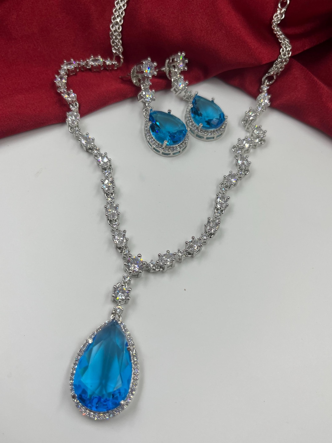 Beautiful CZ Sky Blue Color Necklace Set Zirconia Necklace and Earrings CZ Necklace Diamond ...