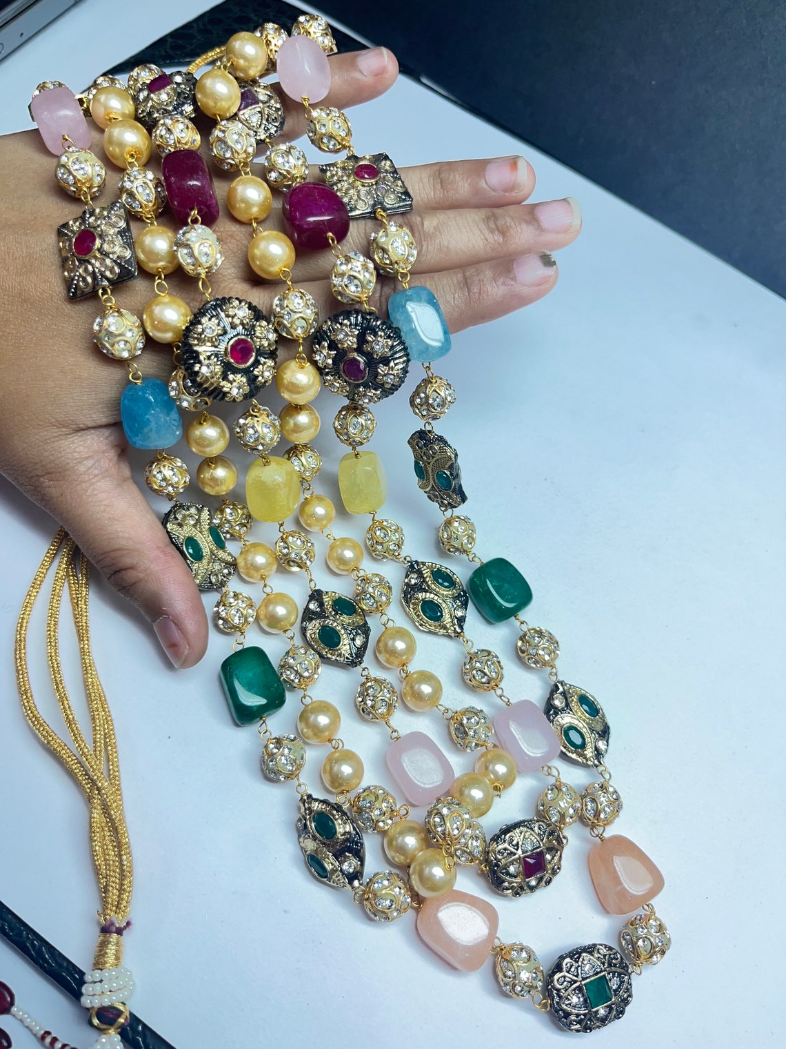Antique Finish Handmade Layer Beaded Tumble Mala Necklace Set With ...