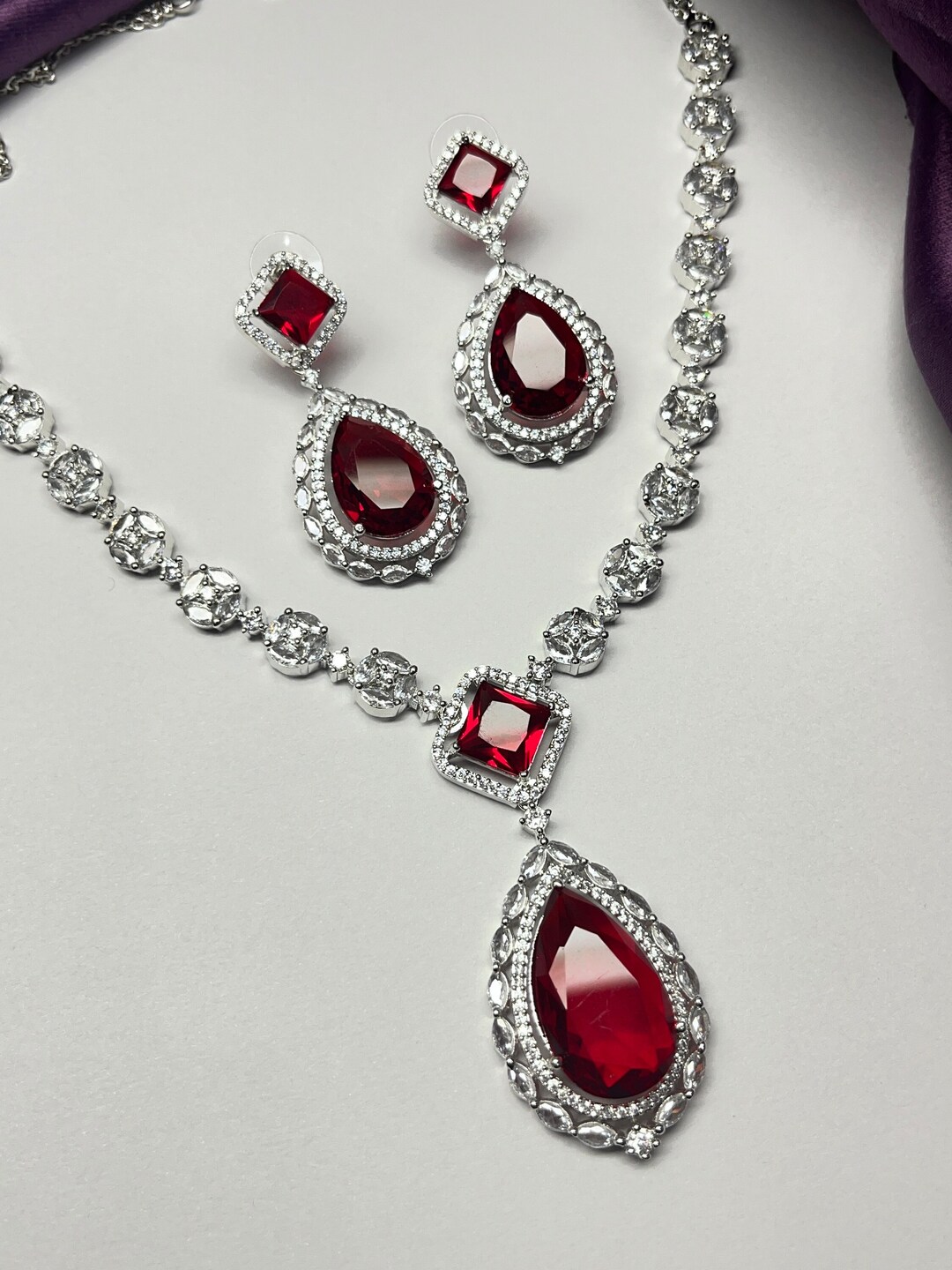 CZ Red Color Pendant Necklace Set| Zirconia Earrings| Diamond Replica ...