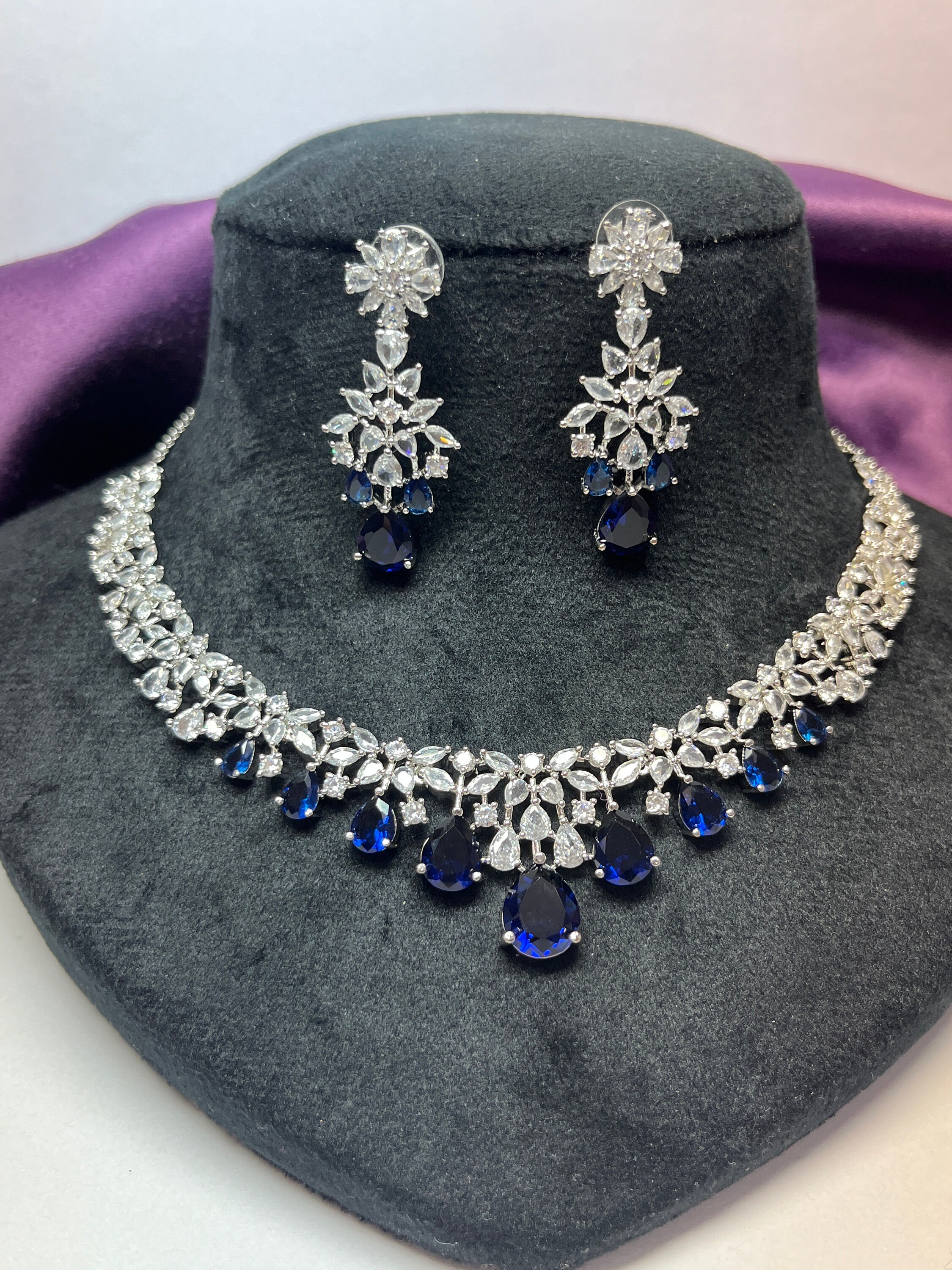 CZ Faux Sapphire Blue Color Necklace Set Zirconia Necklace and Earrings ...