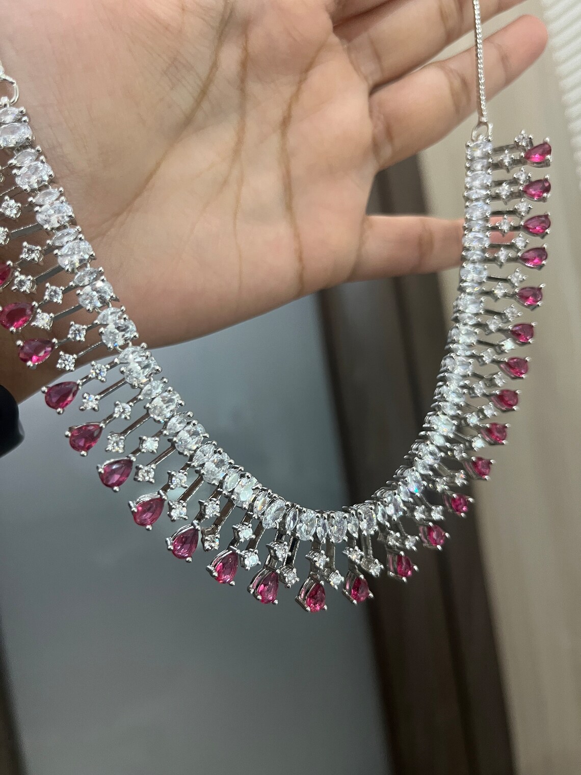 Pink Ruby CZ Necklace & Earrings Set, Imitation Diamond Jewelry for ...