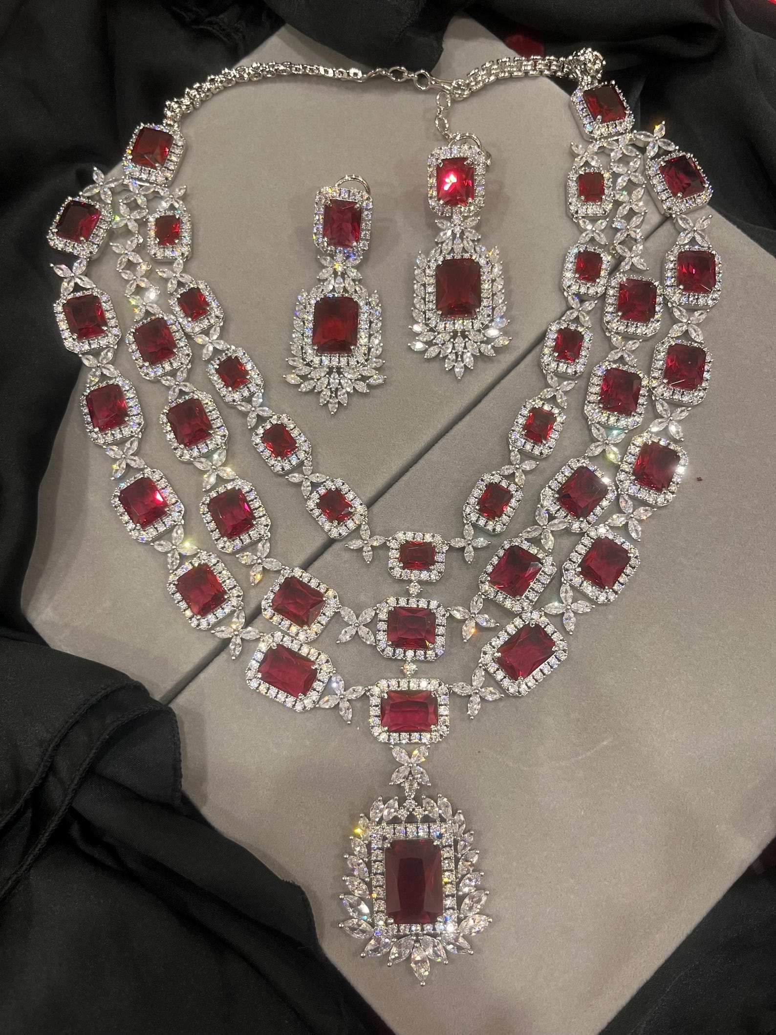Ruby Red Statement CZ Diamond Necklace, Earrings Set | Imitation ...