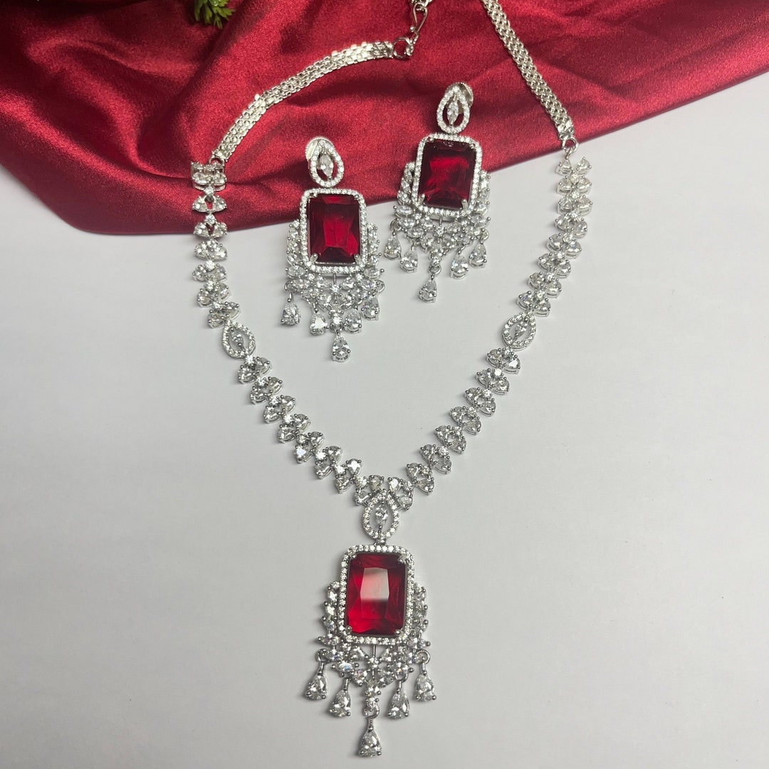 CZ Red Color Necklace Set| Zirconia Necklace and Earrings| CZ Necklace ...