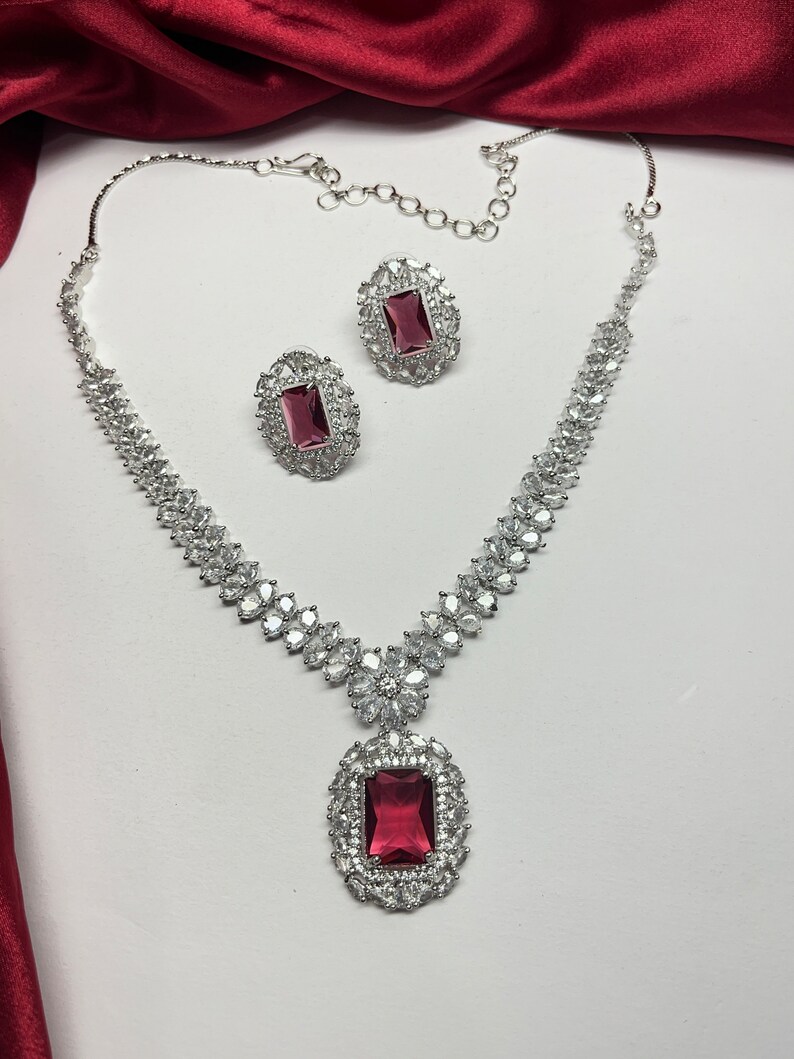 Ruby Red CZ Necklace and Stud Earrings Set, Silver Plated Imitation ...