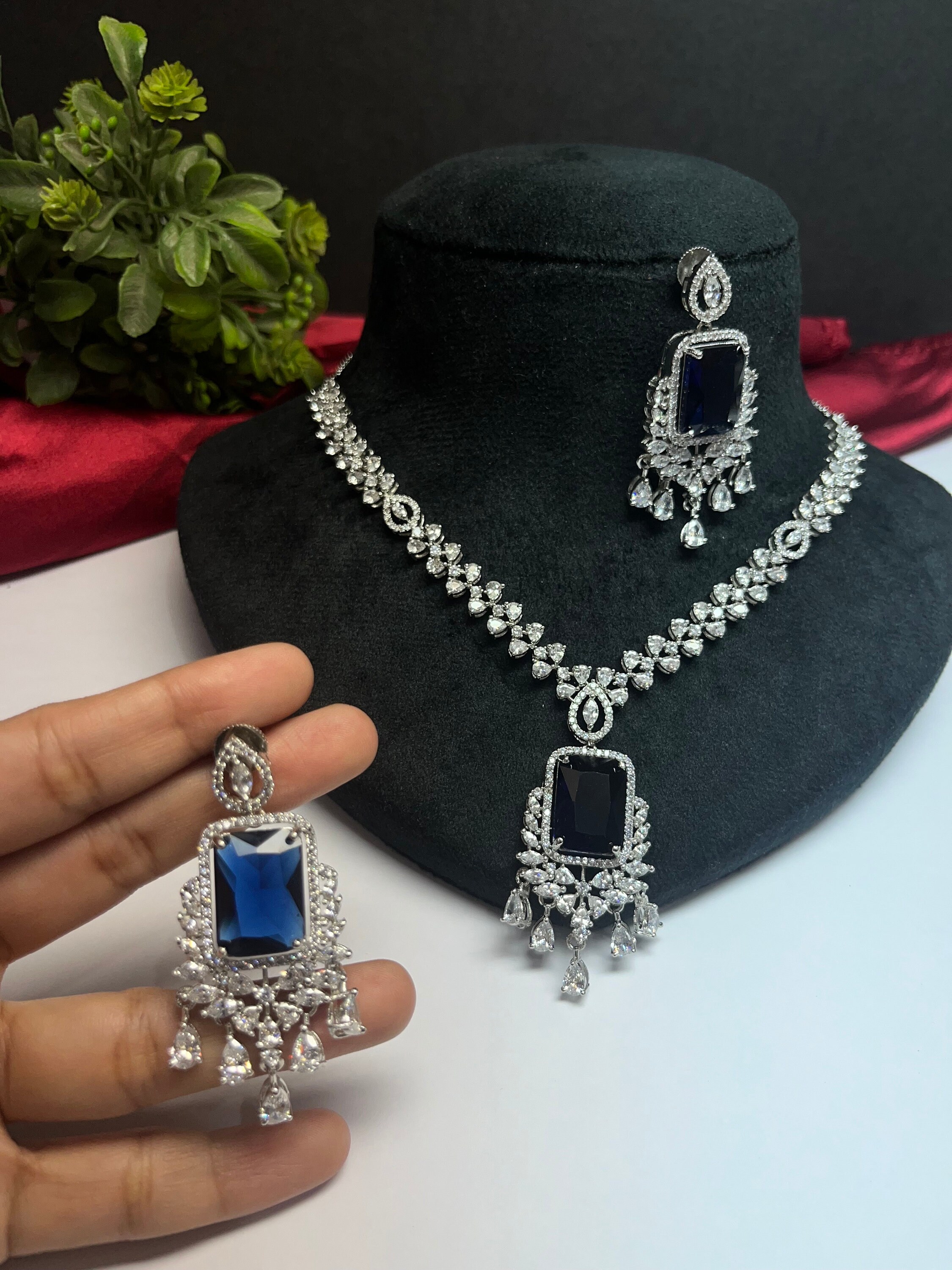 CZ Faux Blue Sapphire Color Necklace Set| Zirconia Necklace and ...