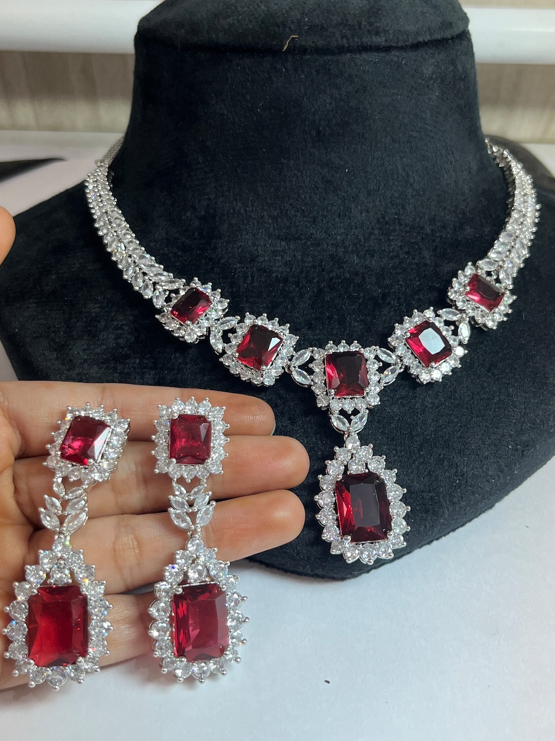Ruby Red American Diamond Engagement Necklace Set Jewelry Set American ...