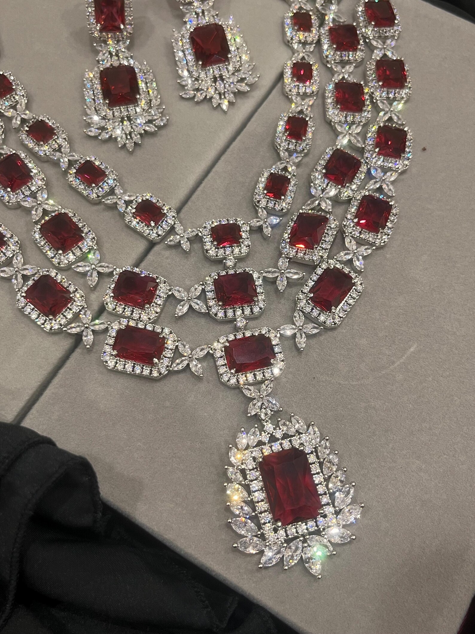 Ruby Red Statement CZ Diamond Necklace, Earrings Set | Imitation ...