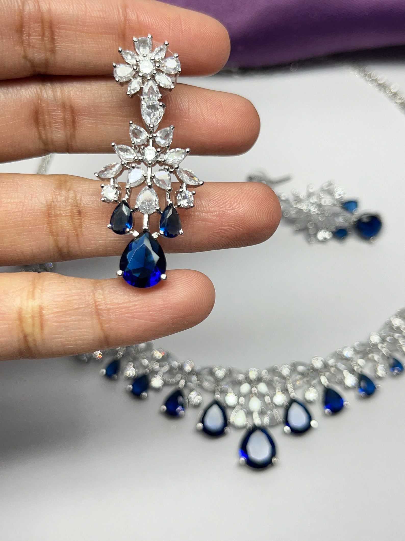 CZ Faux Sapphire Blue Color Necklace Set Zirconia Necklace and Earrings ...