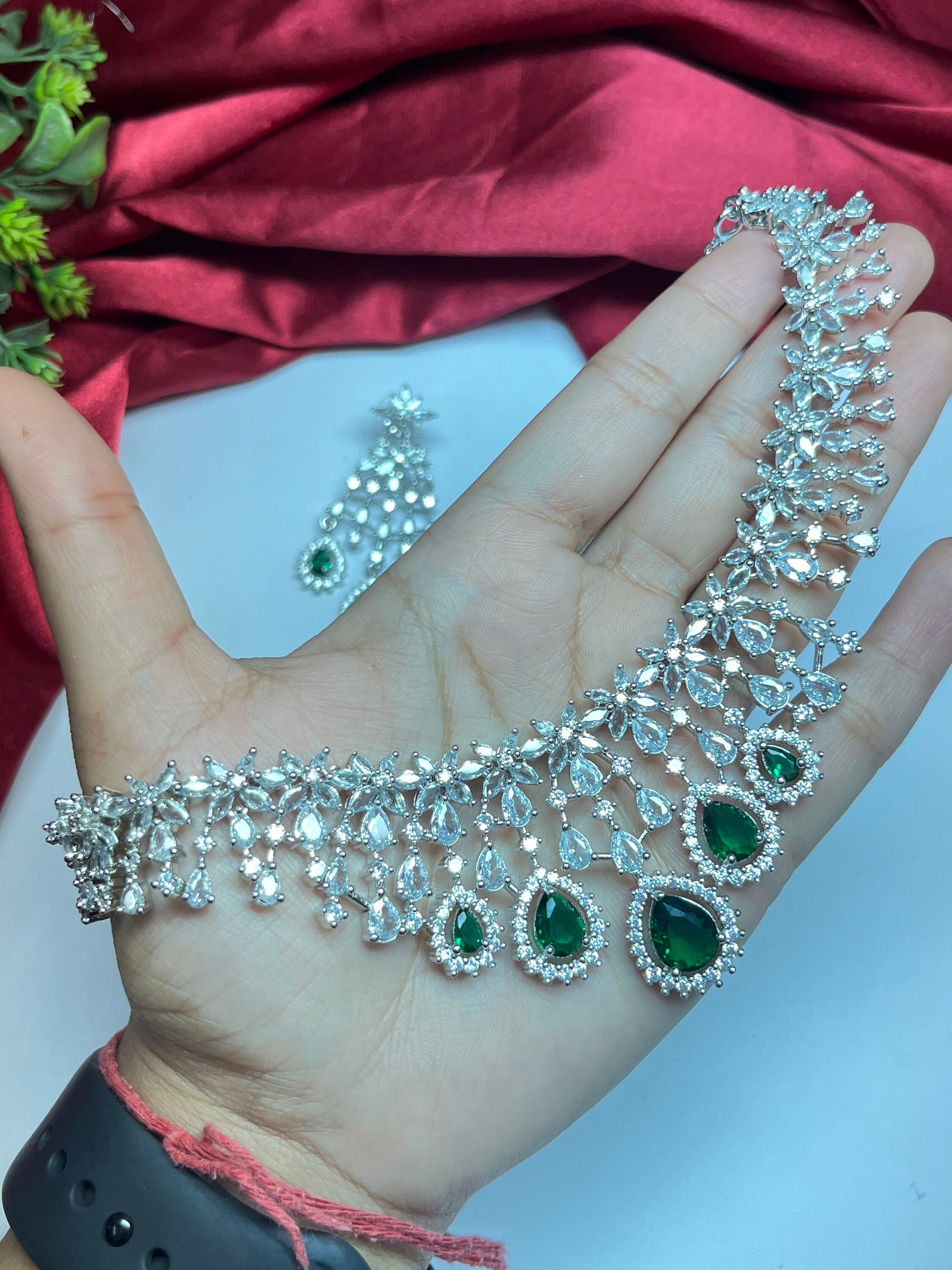 Faux Emerald Green Diamond Engagement Wedding Necklace Earrings Set ...