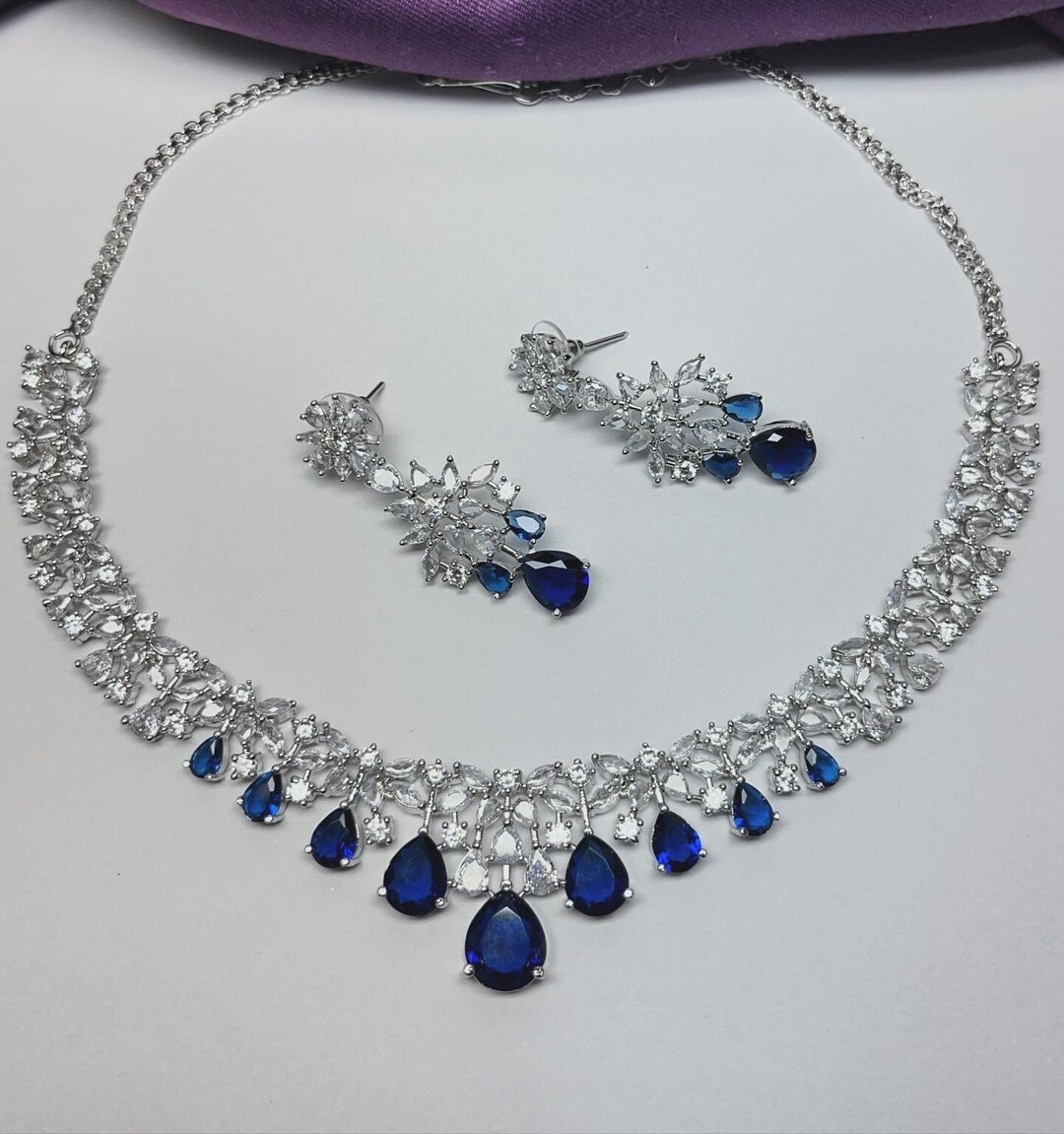 CZ Faux Sapphire Blue Color Necklace Set Zirconia Necklace and Earrings ...