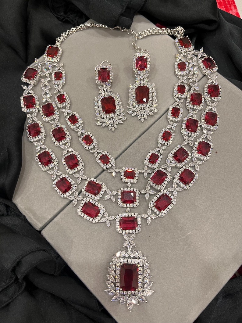 Ruby Red Statement CZ Diamond Necklace, Earrings Set | Imitation ...