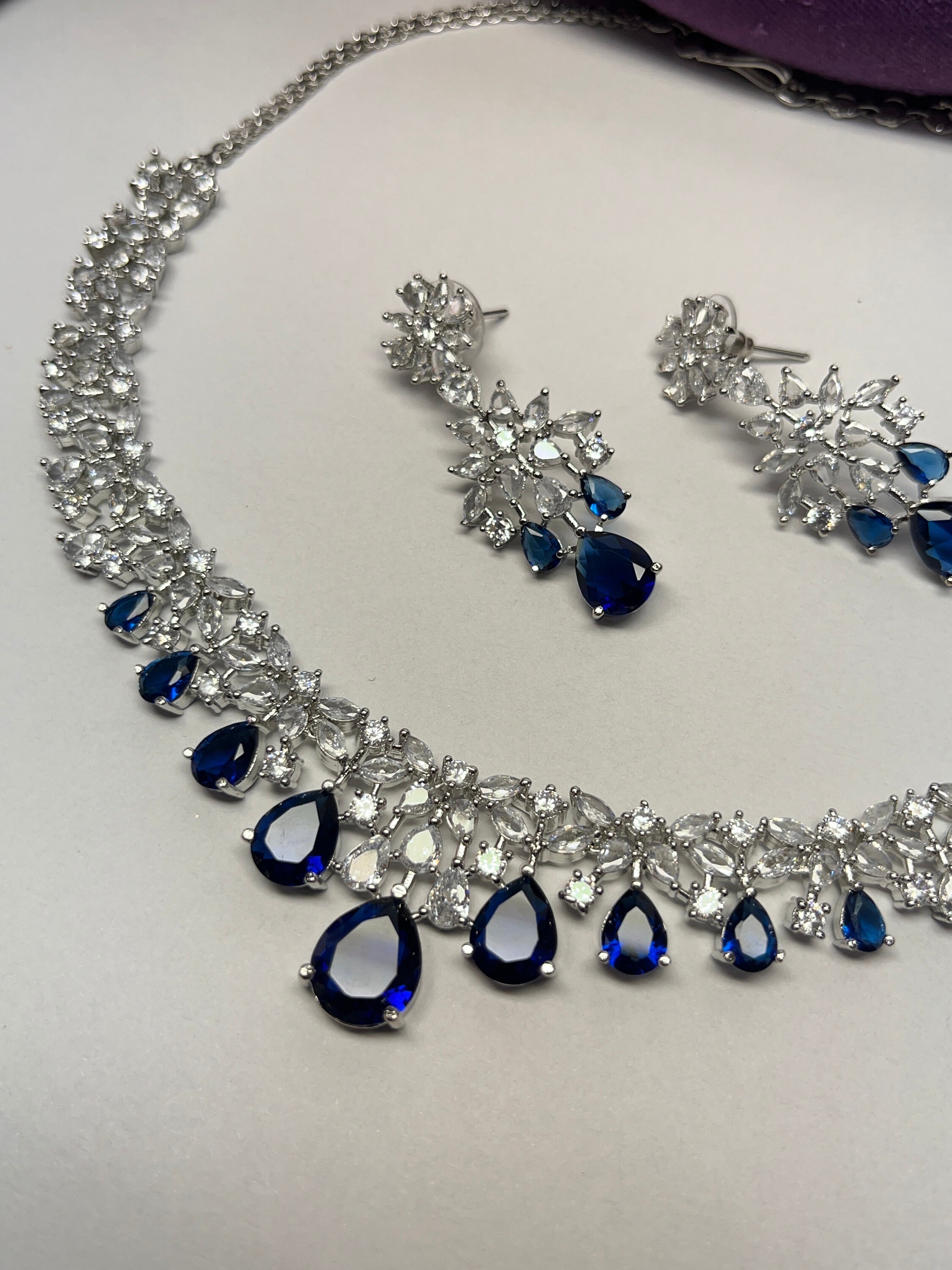 CZ Faux Sapphire Blue Color Necklace Set Zirconia Necklace and Earrings ...