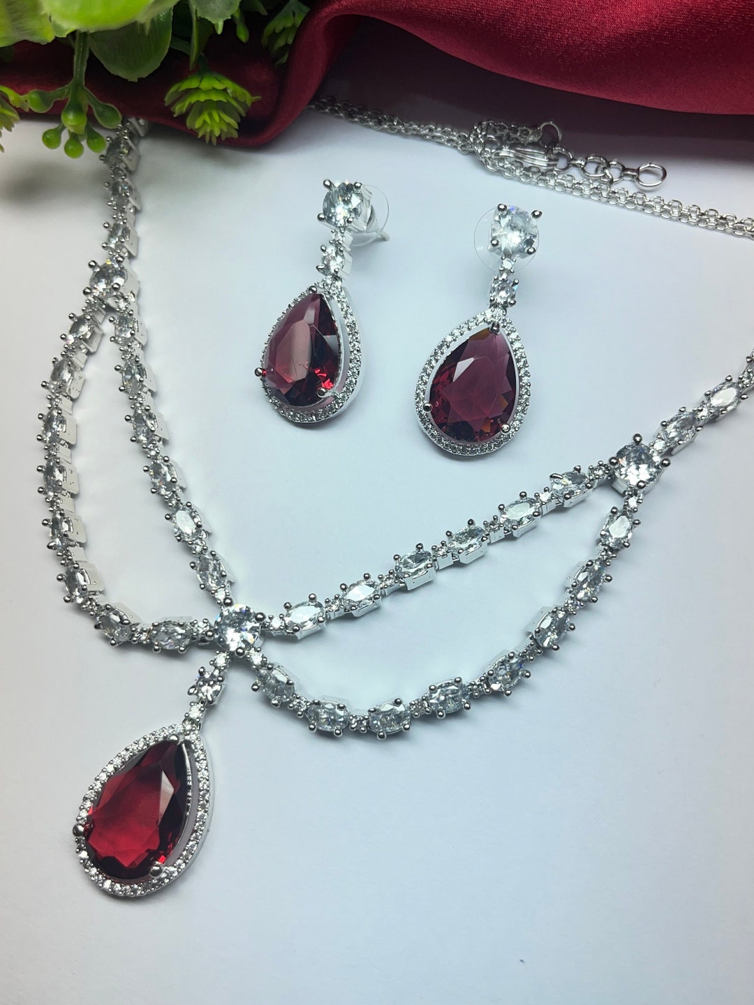 Faux Ruby Red Color American Diamond Engagement Necklace Set Jewelry CZ ...