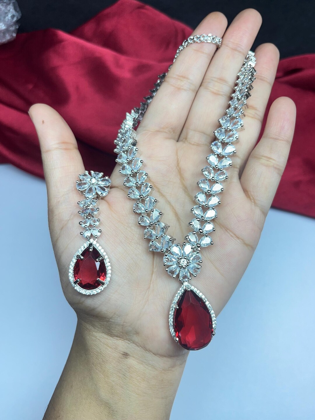 CZ Red Color Necklace Set Zirconia Necklace and Earrings CZ Necklace ...