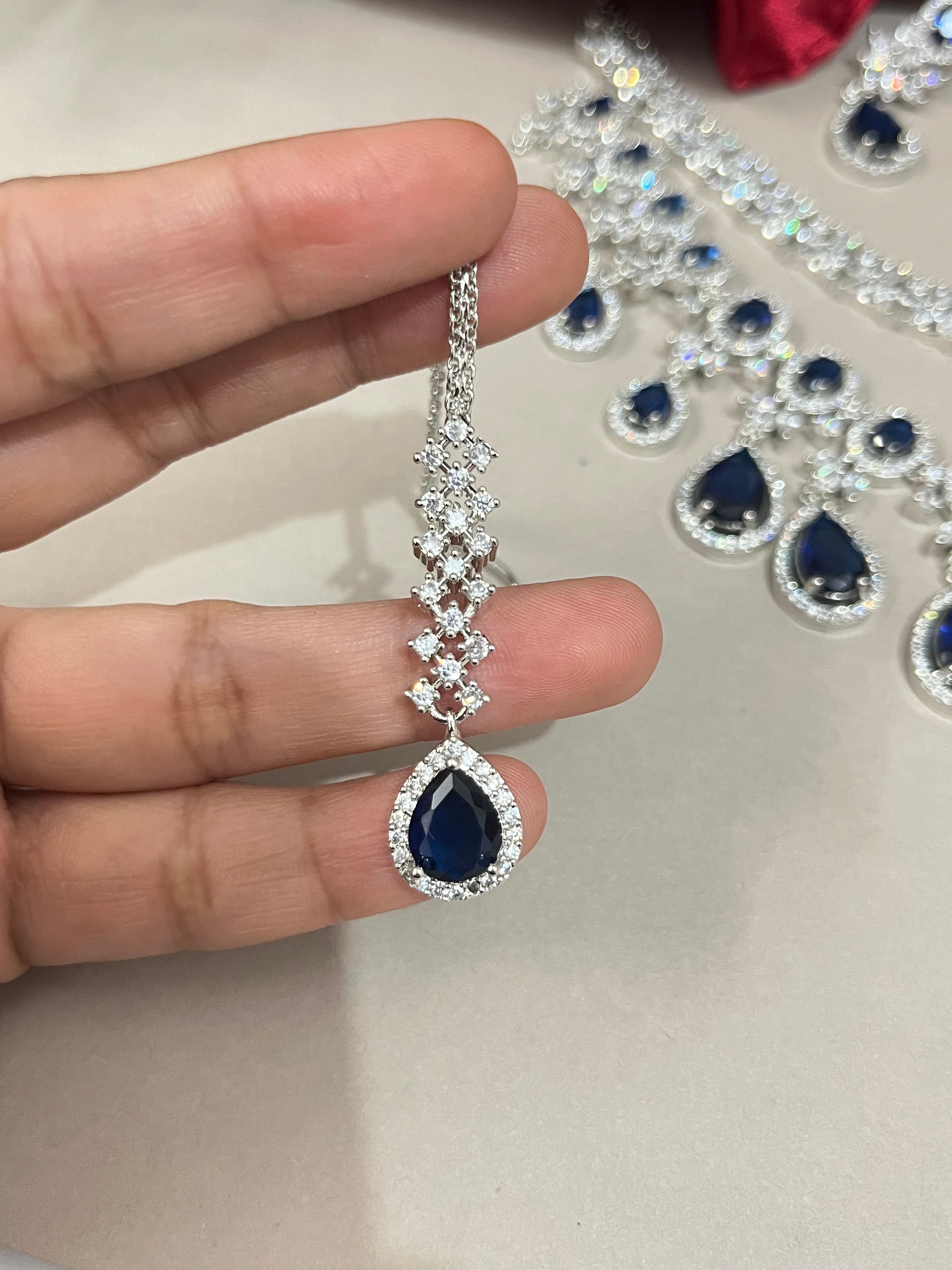 Beautiful Faux Sapphire Blue Diamond Wedding Necklace Set American ...