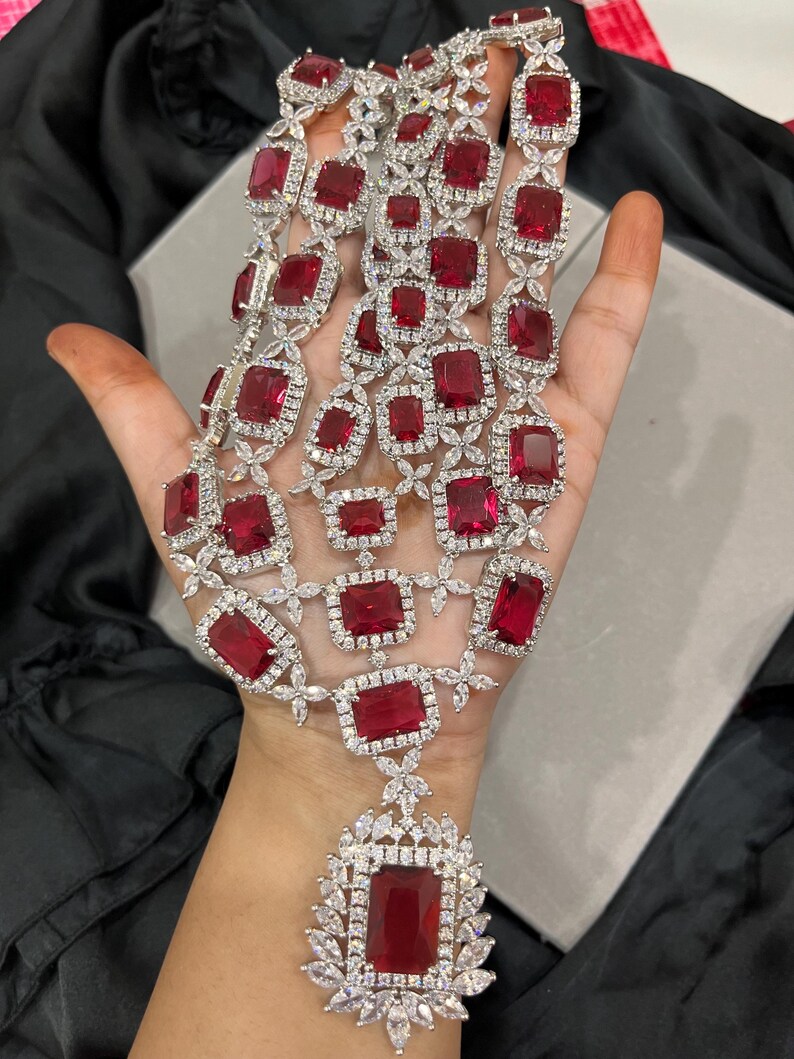Ruby Red Statement CZ Diamond Necklace, Earrings Set | Imitation ...