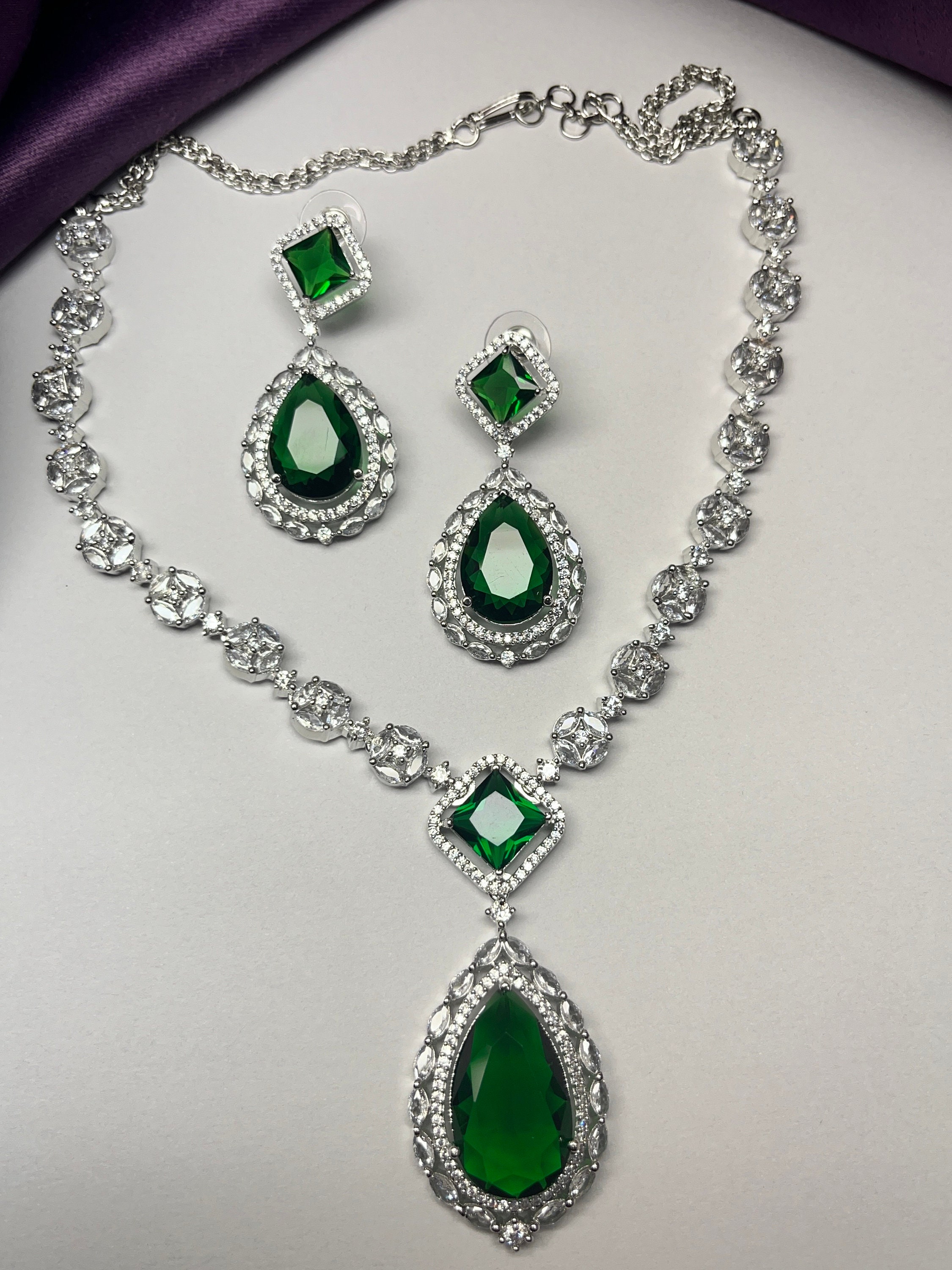 CZ Green Color Necklace Set Zirconia Earrings Diamond Replica Vintage ...