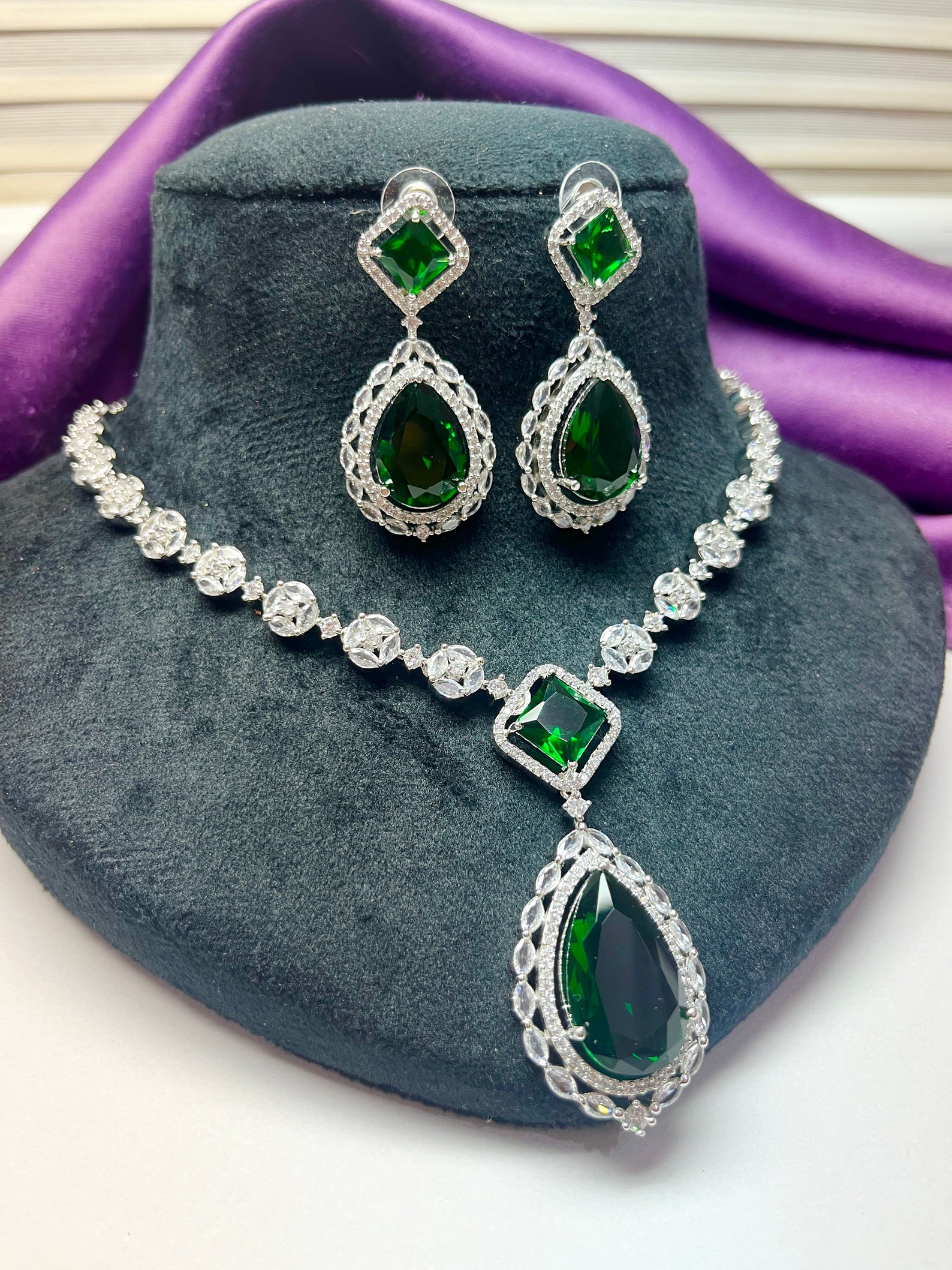 CZ Green Color Necklace Set Zirconia Earrings Diamond Replica Vintage ...