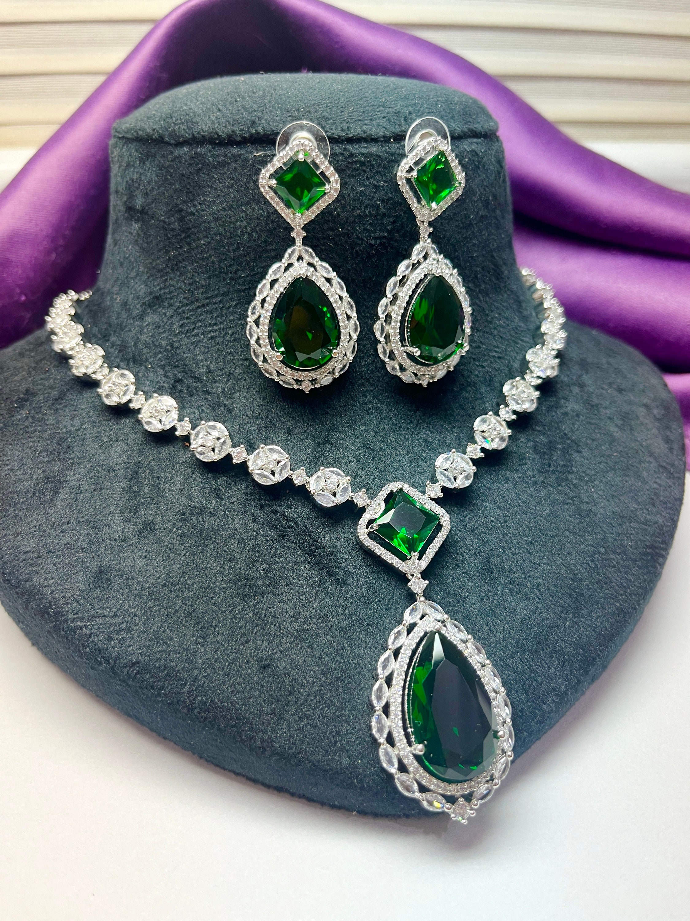 Green CZ Necklace Set | American Diamond Earrings, Pendant Wedding ...