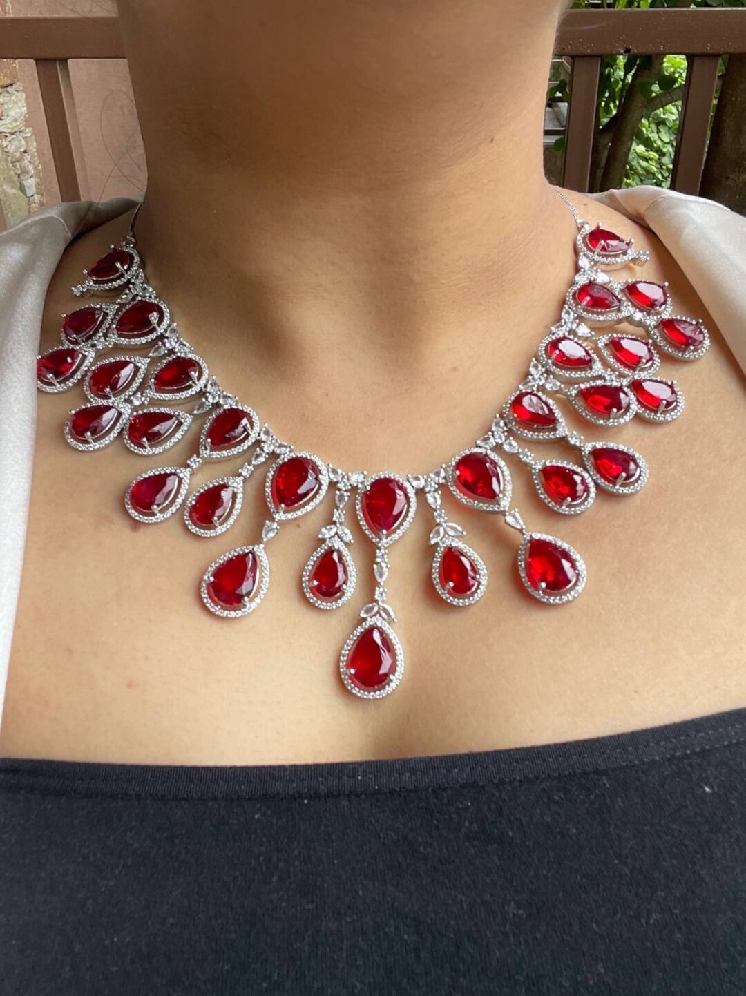 Ruby Color CZ Diamond Necklace Red Bridal Jewelry Set American Diamond ...
