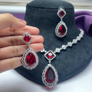 CZ Red Color Pendant Necklace Set| Zirconia Earrings| Diamond Replica ...