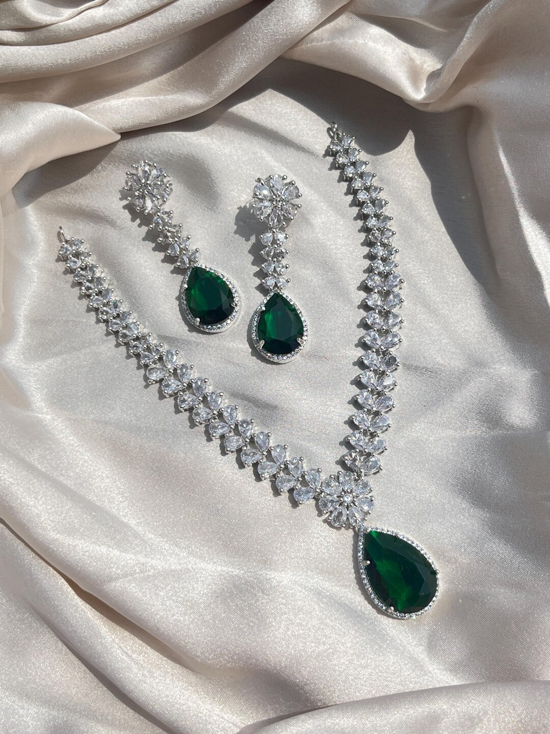 CZ Green Color Necklace Set Zirconia Necklace and Earrings CZ Necklace ...