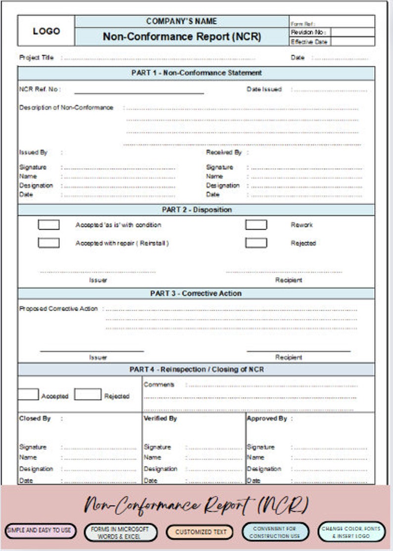 Construction Site Forms, Daily Log, Inspection Request (microsoft Words ...