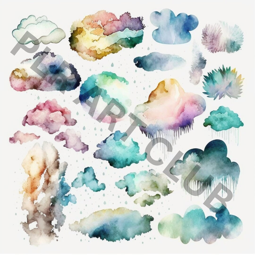 Watercolor Clouds Clipart Dreamy Cloud Clipart Colorful Fantasy Clouds ...
