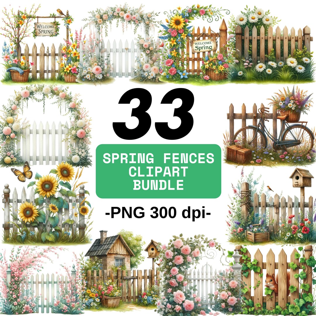 33 Spring Fence Clipart PNG Bundle With Floral Garden Elements and ...
