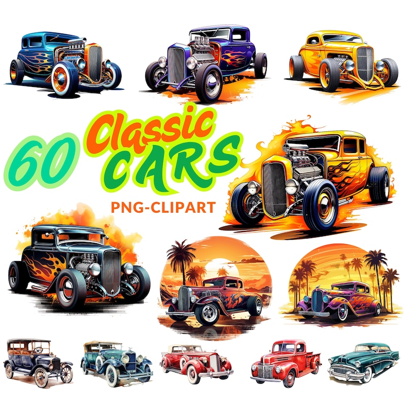 Classic Cars PNG Bundle, Digital Clipart Pack, Vintage Car Designs ...
