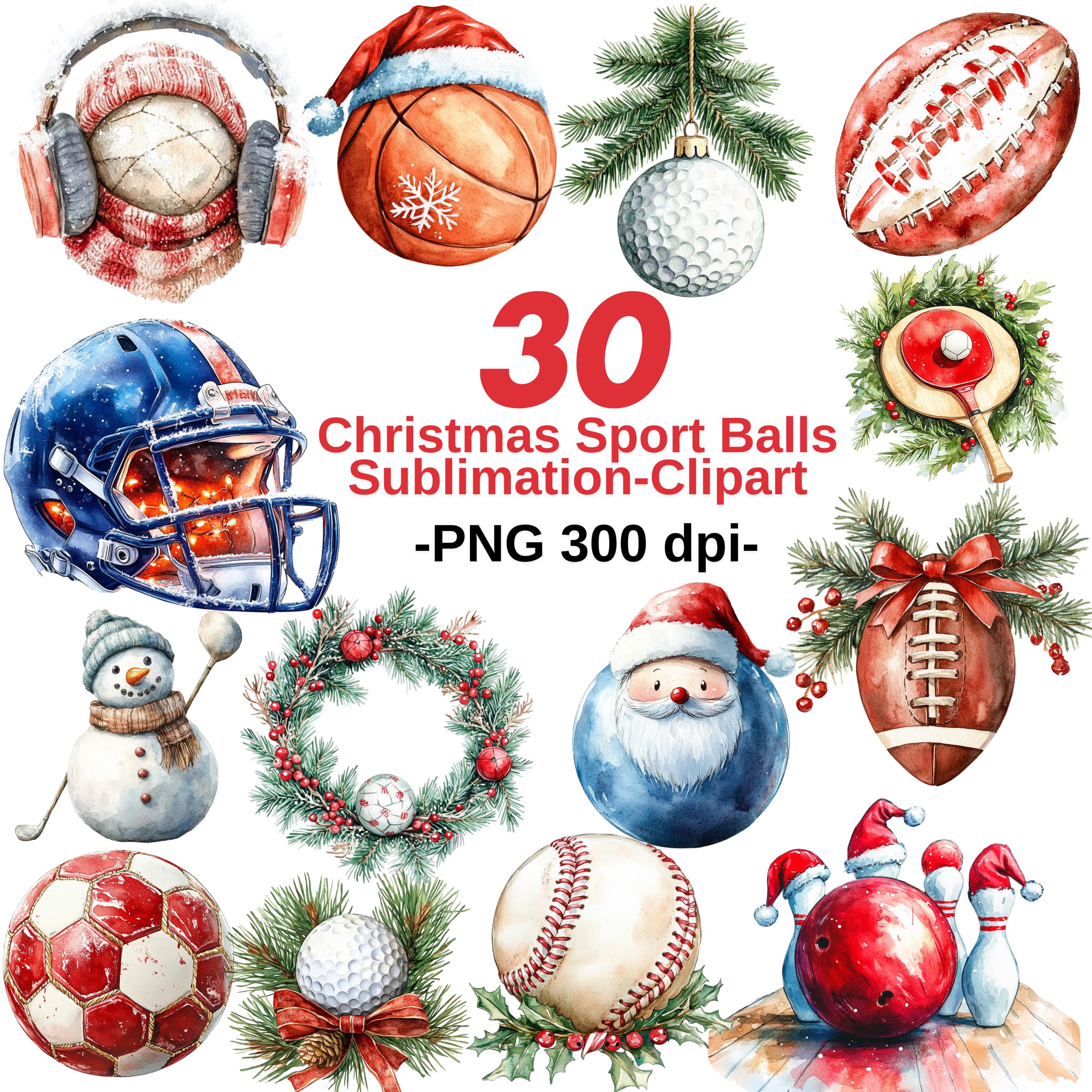 30 Christmas Sports Balls Sublimation Clipart Bundle PNG, Watercolor ...