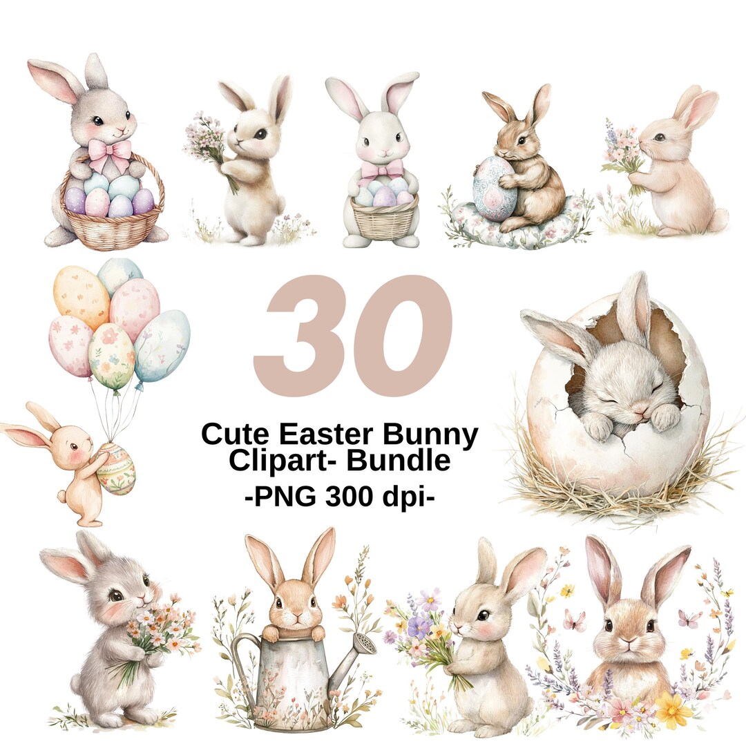 30 Cute Easter Bunny Clipart Bundle PNG 300 DPI Pastel Baby Rabbit ...