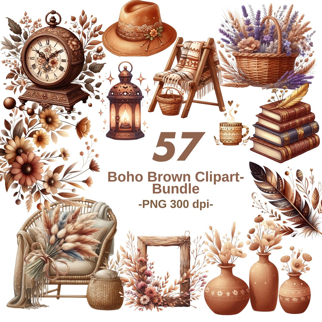 57 Boho Brown Clipart Bundle Aesthetic PNG, Bohemian Neutral Digital ...