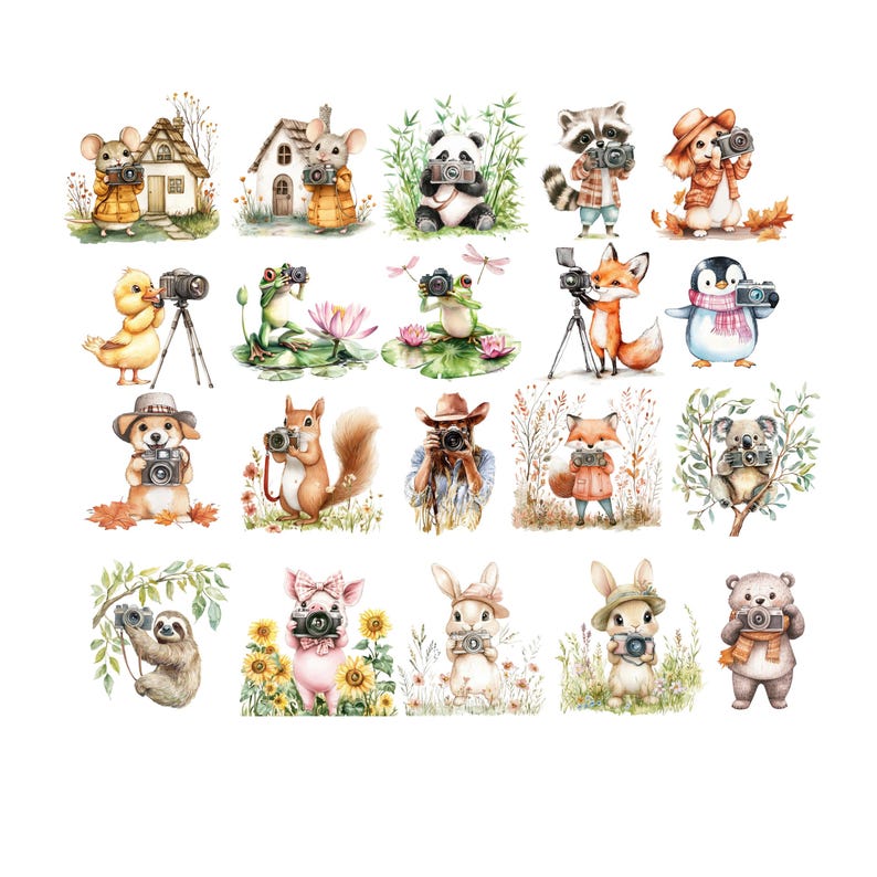 20 Watercolor Cute Animals Photographer Clipart Bundle PNG | Funny ...