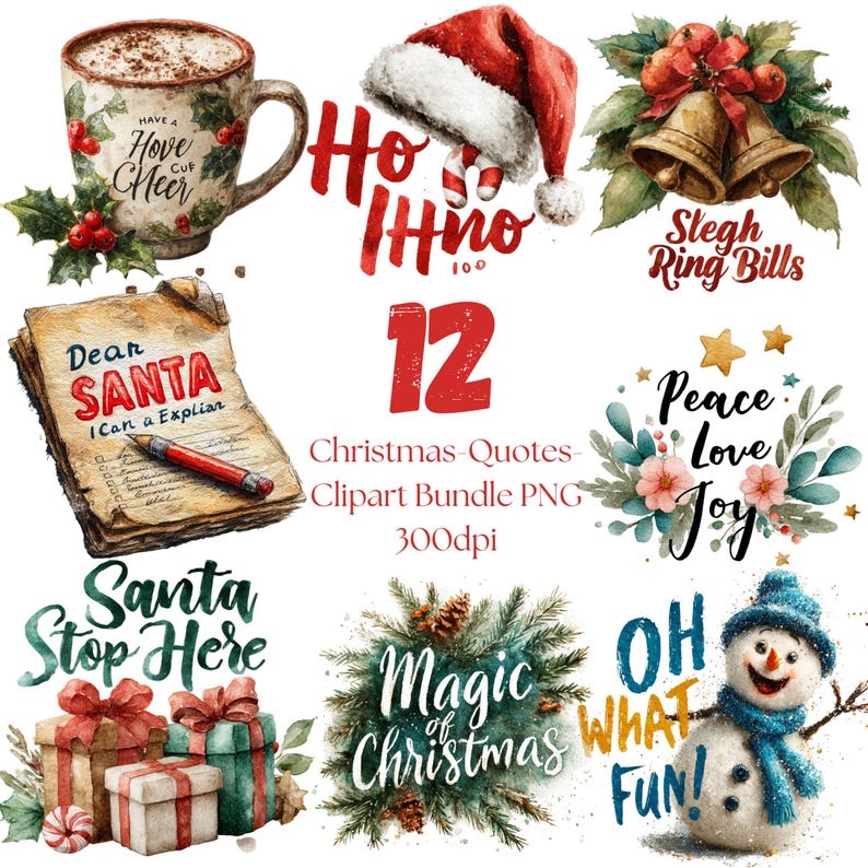 12 Christmas Quotes Clipart Bundle PNG | Watercolor Holiday Sublimation ...