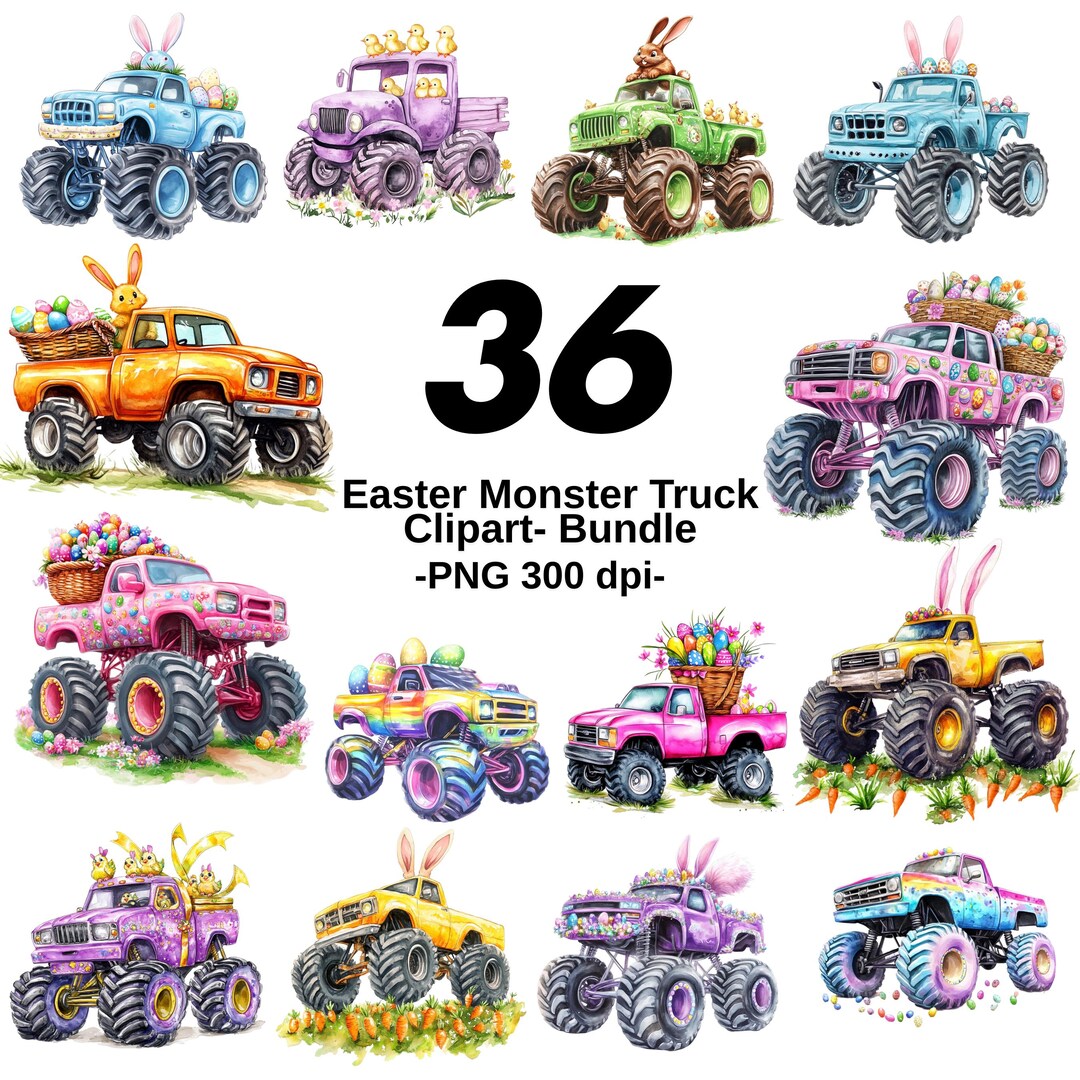 36 Easter Monster Truck Clipart Bundle PNG 300 DPI Colorful Bunny Egg ...
