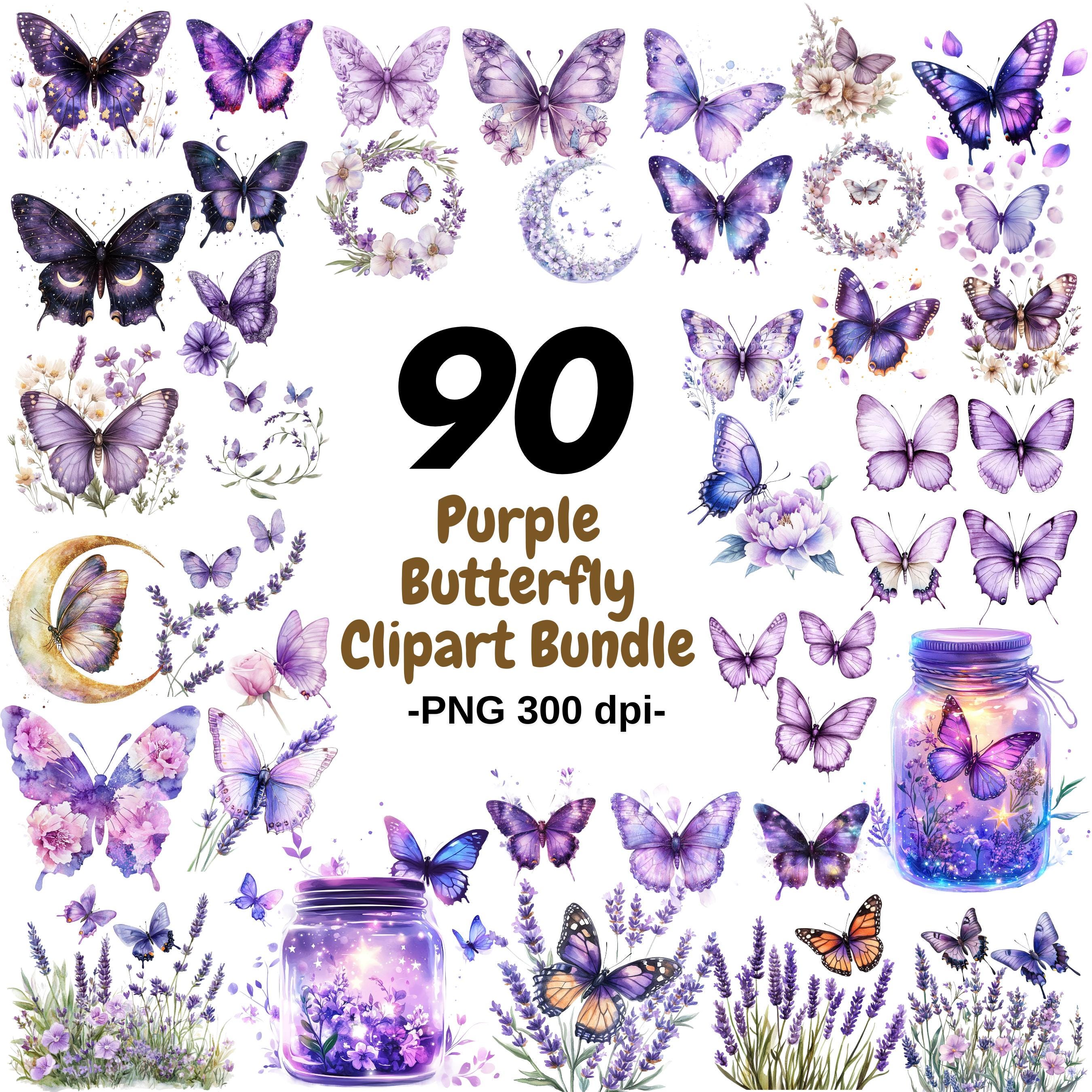 90 Purple Butterfly Clipart Bundle PNG | Watercolor Lavender Butterfly ...