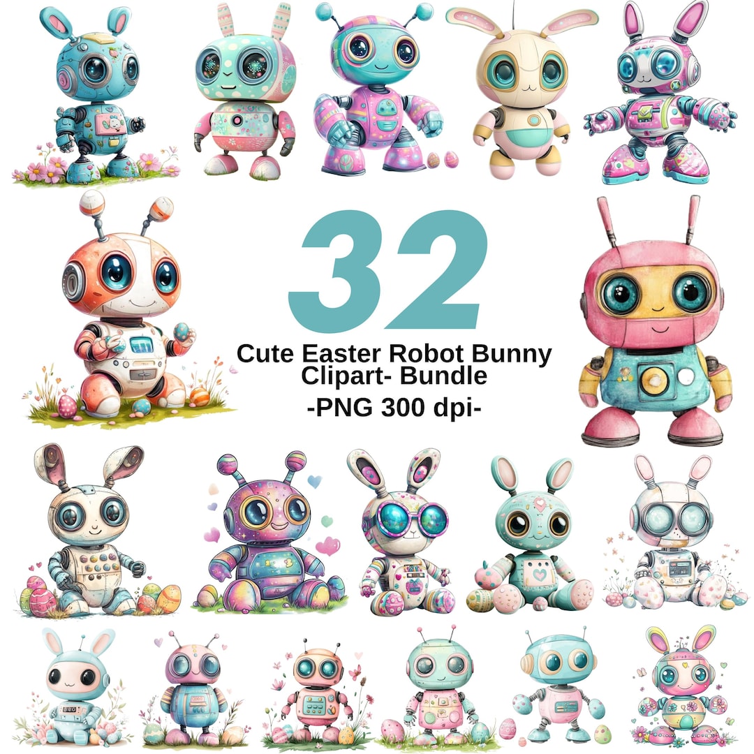 32 Cute Easter Robot Bunny Clipart Bundle PNG 300 DPI Adorable Pastel ...