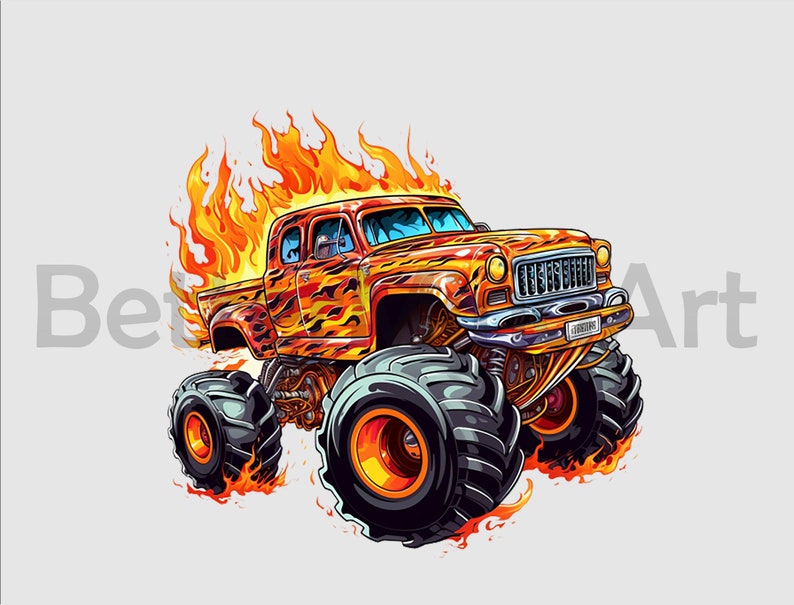 Flaming Monster Truck Sublimation Designs - Monster Truck PNG, Monster ...
