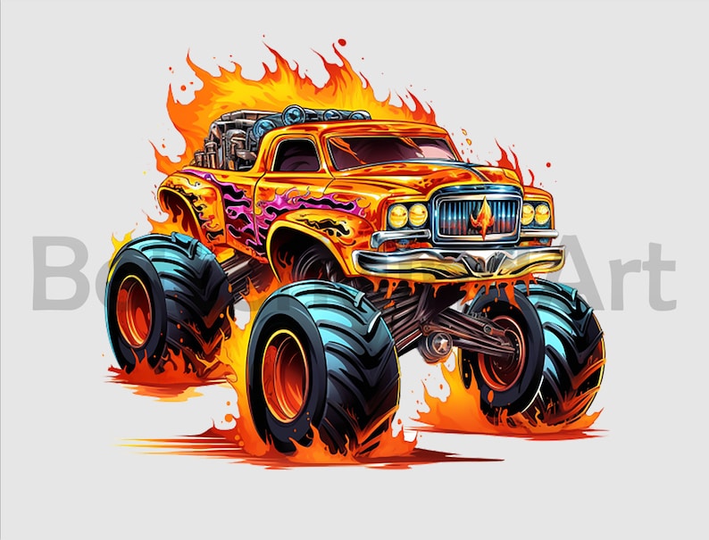 Red Hot Flaming Monster Truck Sublimation Designs - Monster Truck PNG ...